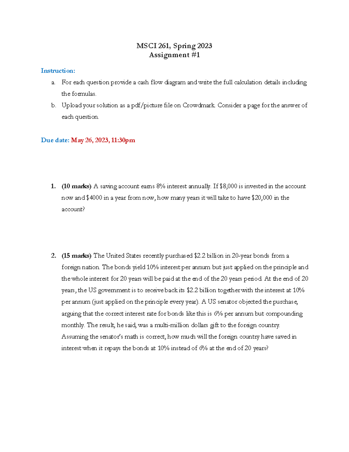 MSCI 261 (S23) Assignment 1 - MSCI 261, Spring 2023 Assignment Instruction: a. For each question ...