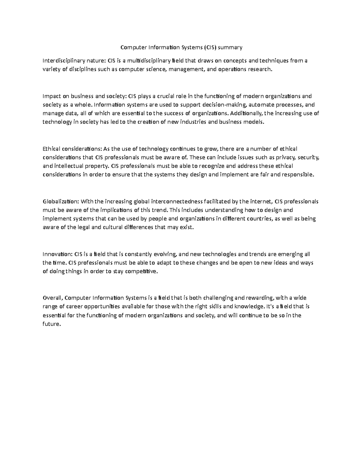 Computer Information System Summary Computer Information Systems Cis Summary 