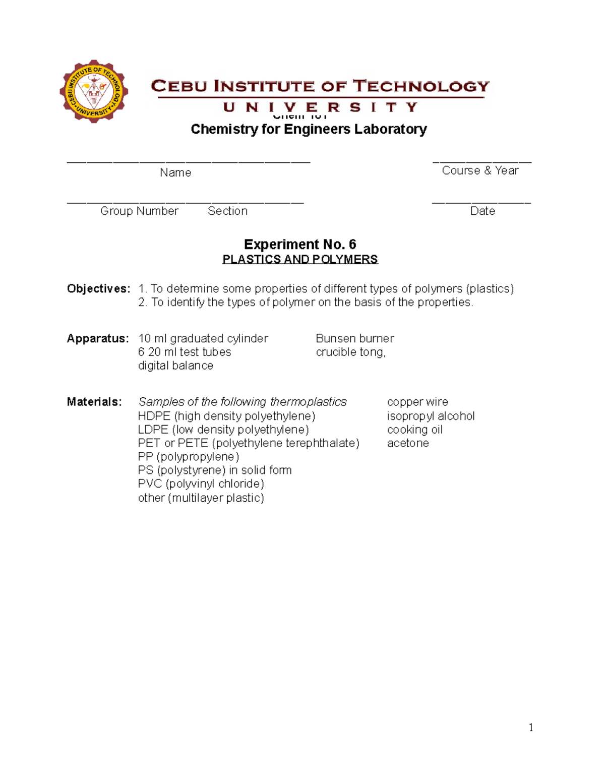 Expt. no. 6 Plastics and Polymers - Chem 181 Chemistry for Engineers ...