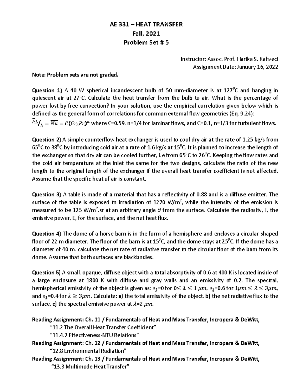 AE 331-Problem Set 5 - problem set - AE 331 – HEAT TRANSFER Fall, 2021 Problem Set # 5 ...
