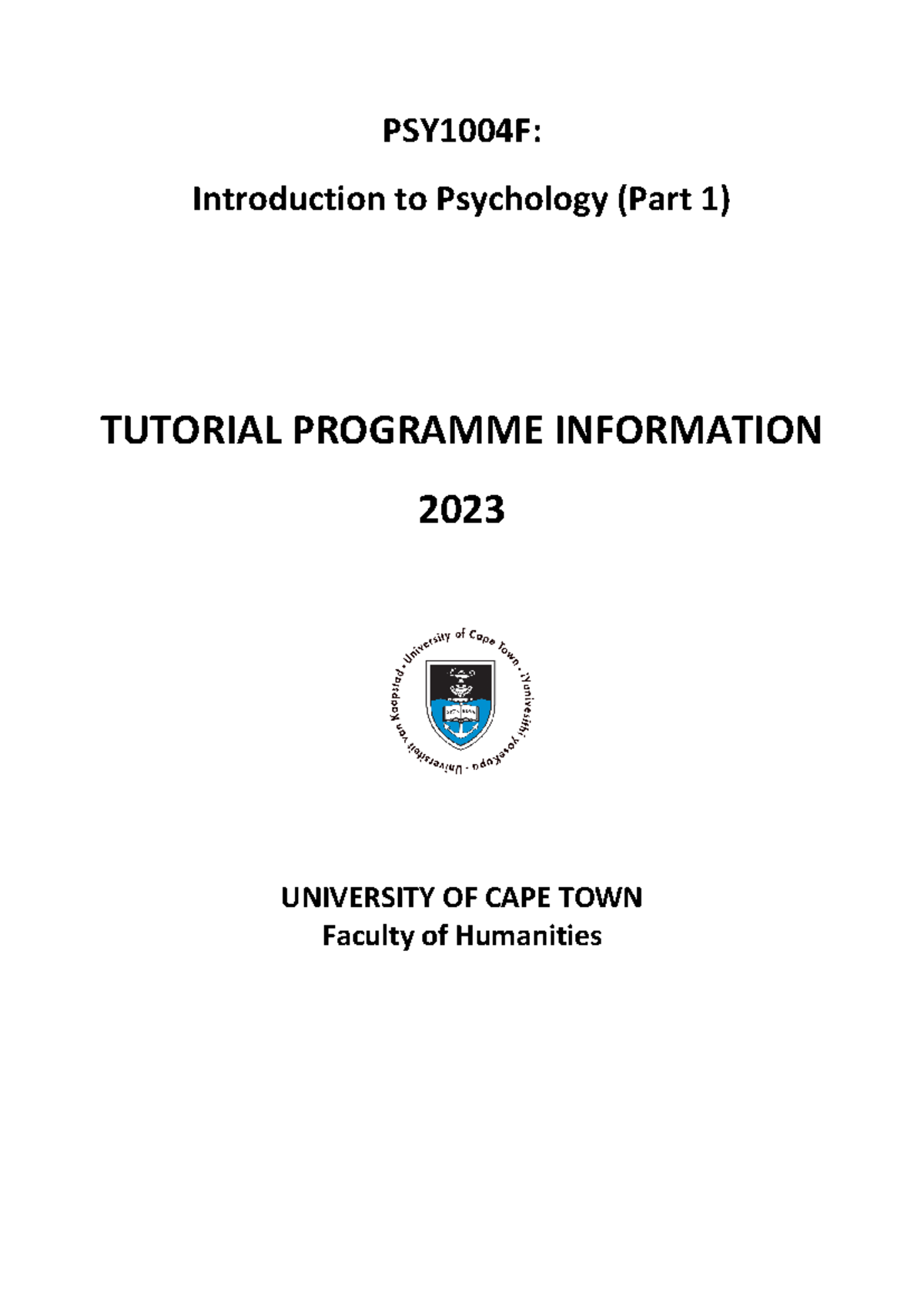 Tutorial Programme Outline PSY1004F 2023 - PSY1004F: Introduction to ...