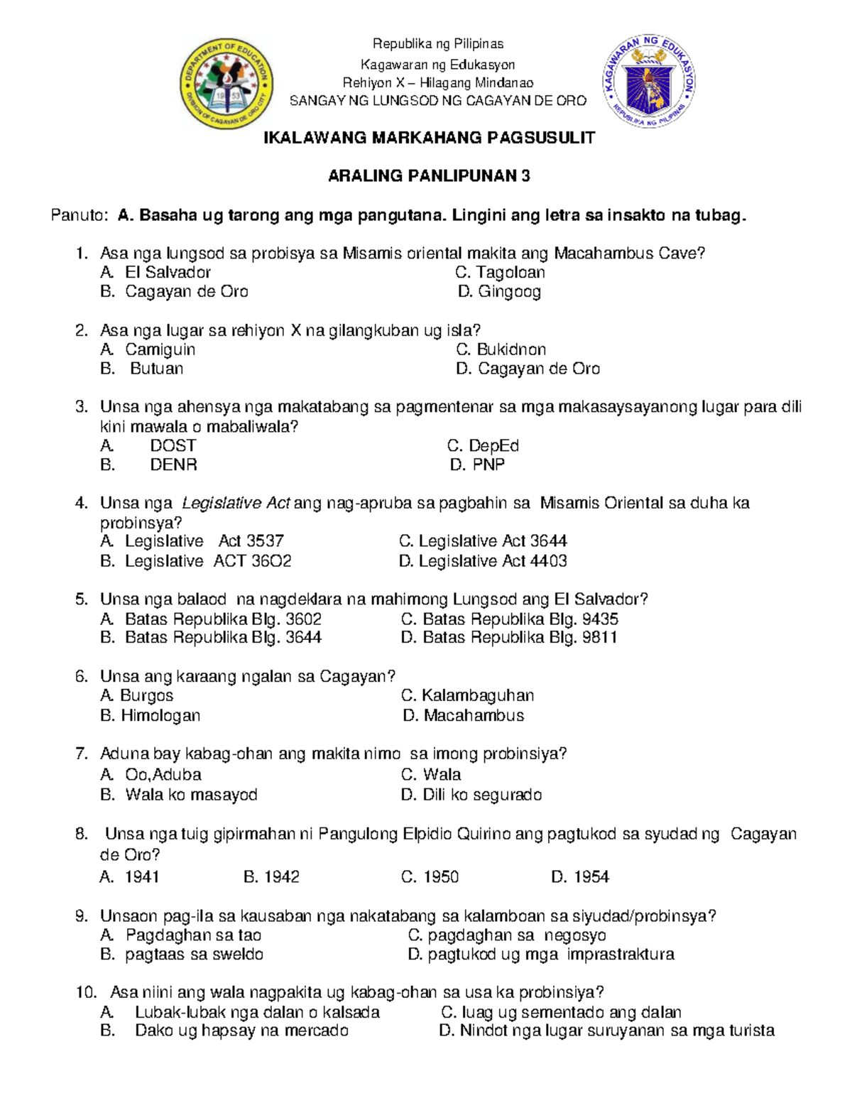 AP Grade-3 2ND- Quarter EXAM-1 - Republika ng Pilipinas Kagawaran ng Edukasyon Rehiyon X ...