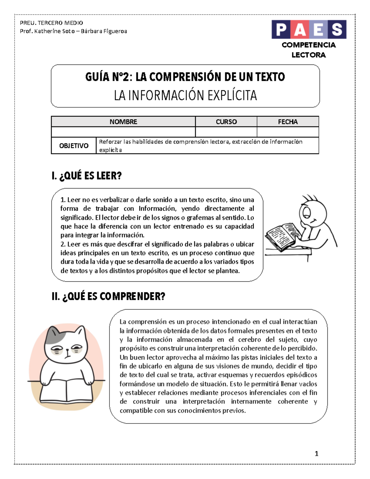 PREU GUÍA 2 InformacióN ExplíCITA - 1 NOMBRE CURSO FECHA OBJETIVO ...