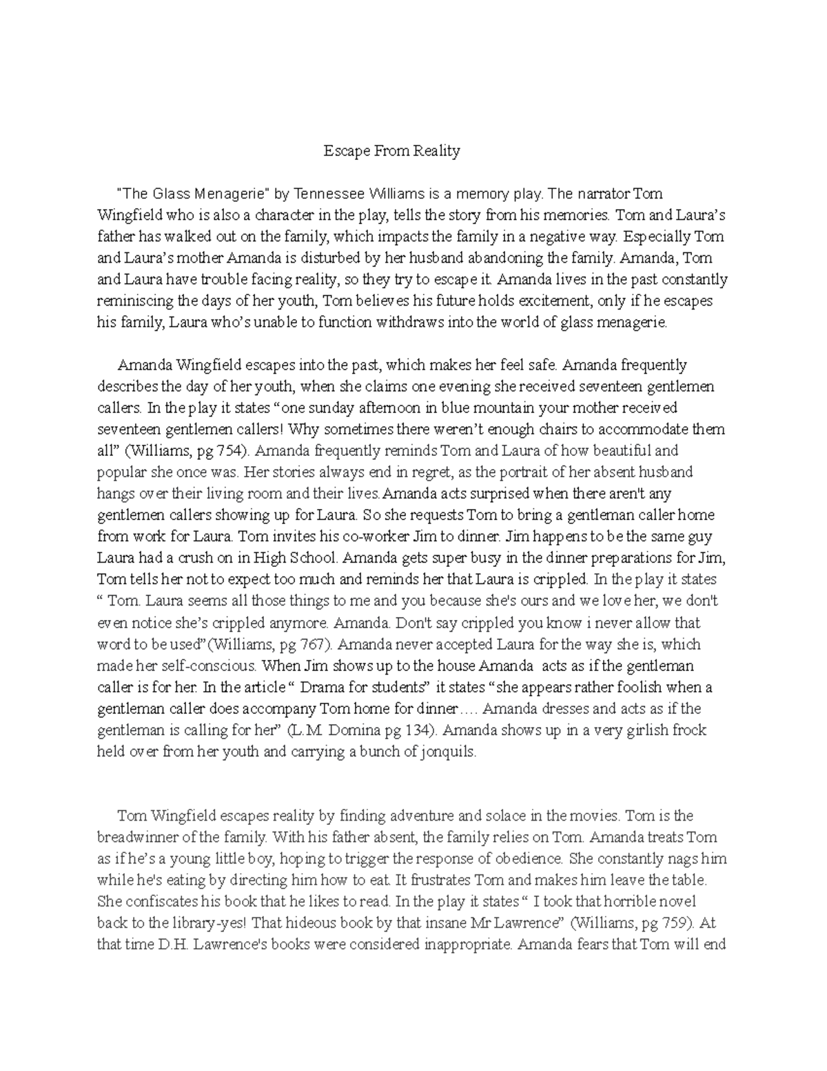 Essay #2-2 - Escape From Reality “The Glass Menagerie” by Tennessee ...