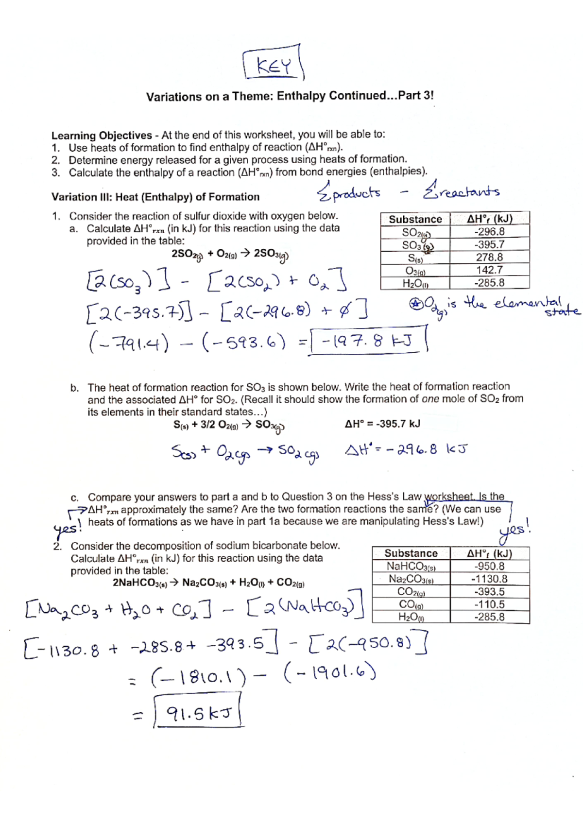 Enthalpy Part III Worksheet KEY - CHEM 1212 - Studocu