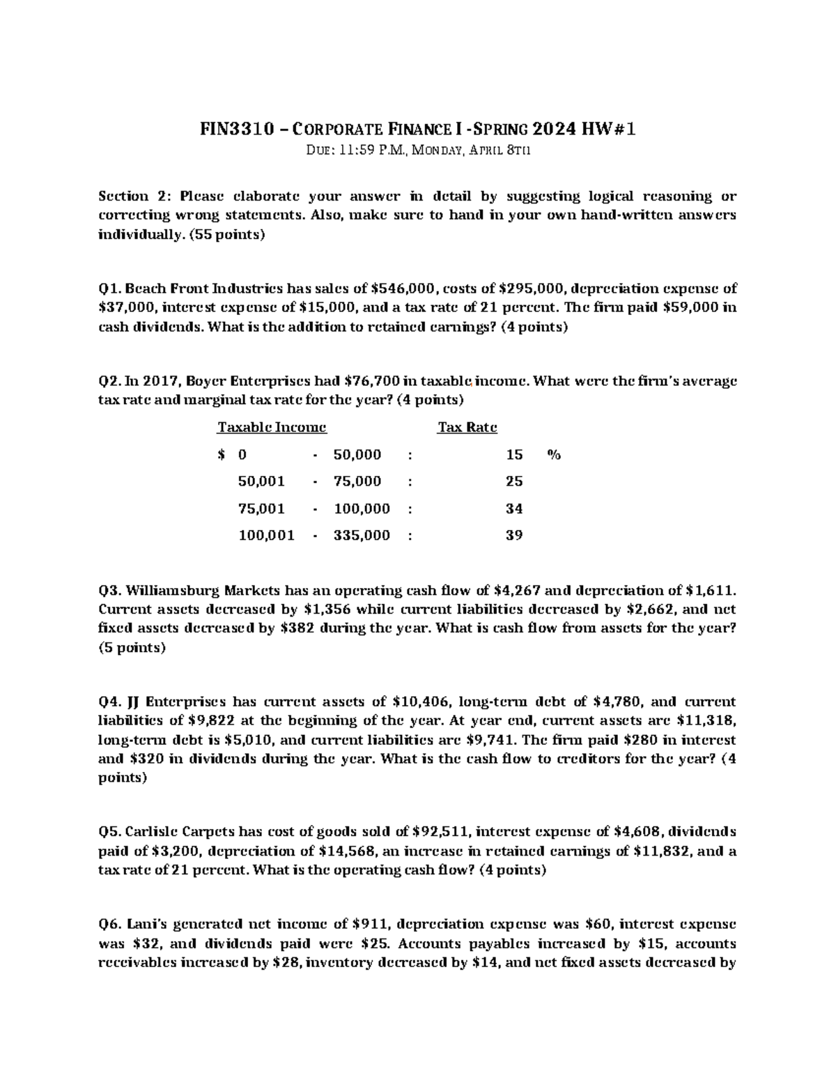 Assignment 1 Part2-2 - HW - FIN3310 – CORPORATE FINANCE I -SPRING 2024 ...