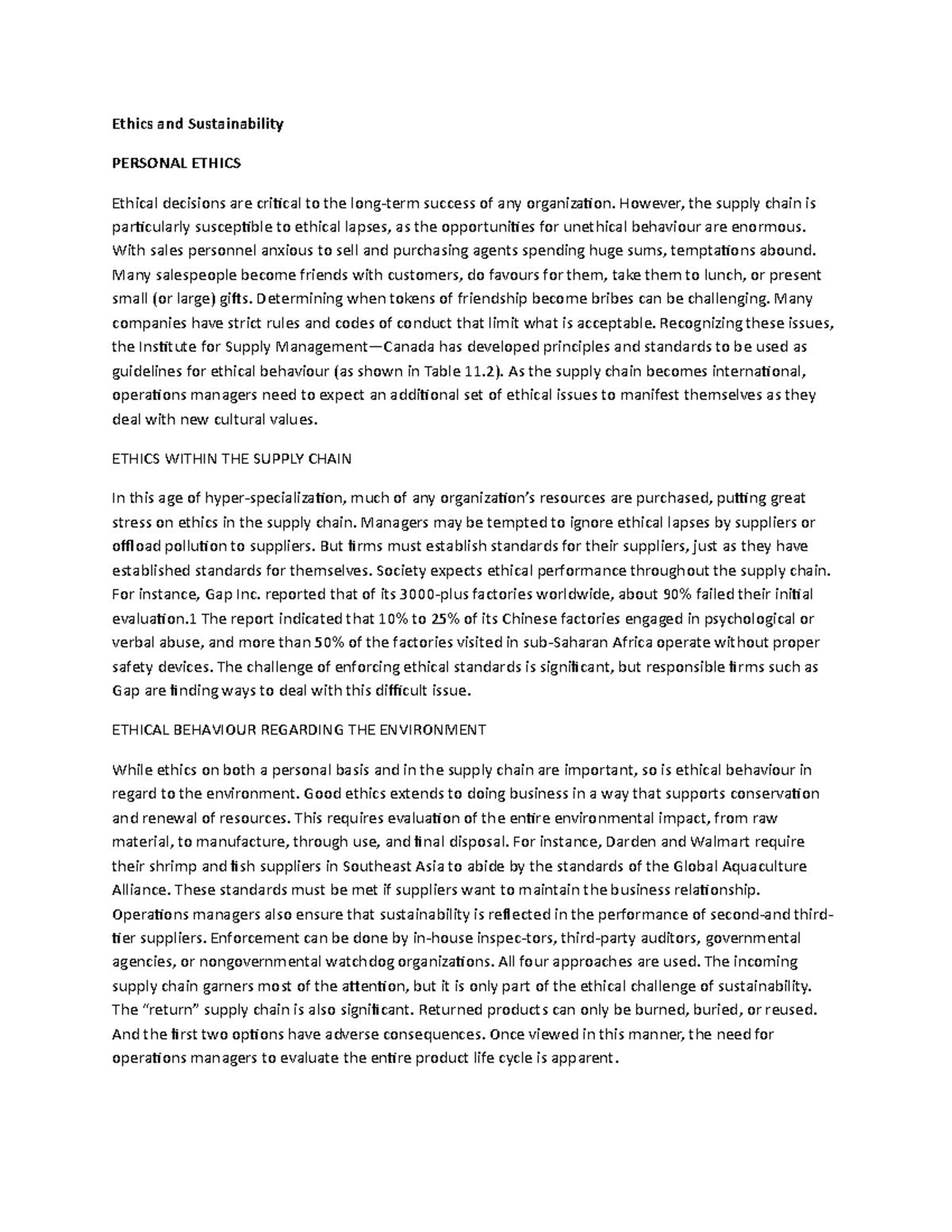 Ethics and Sustainability-Operation Management - Ethics and ...