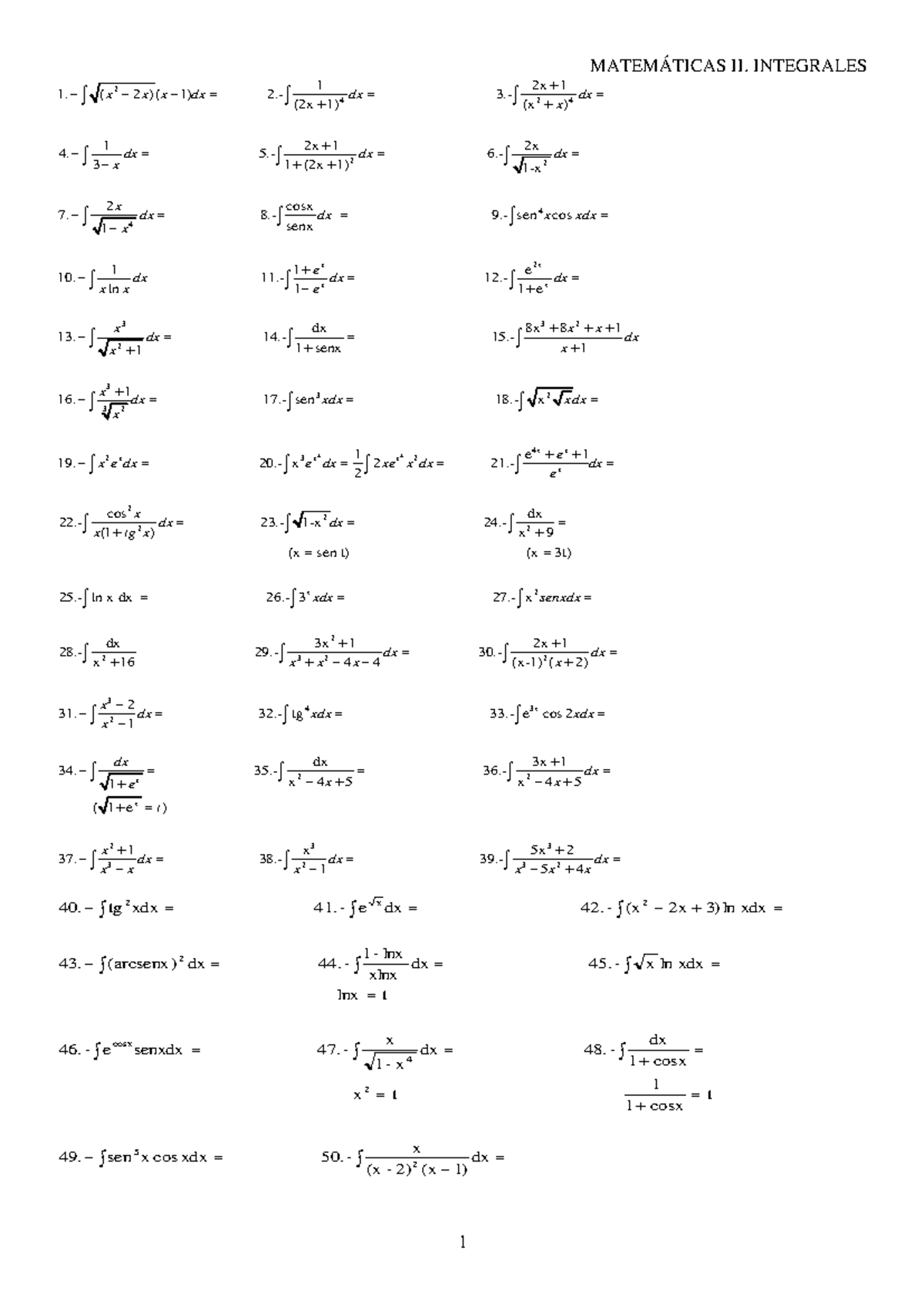 Integrales-2 - Ejercicios de integrales - MATEMÁTICAS II. INTEGRALES 1 ...