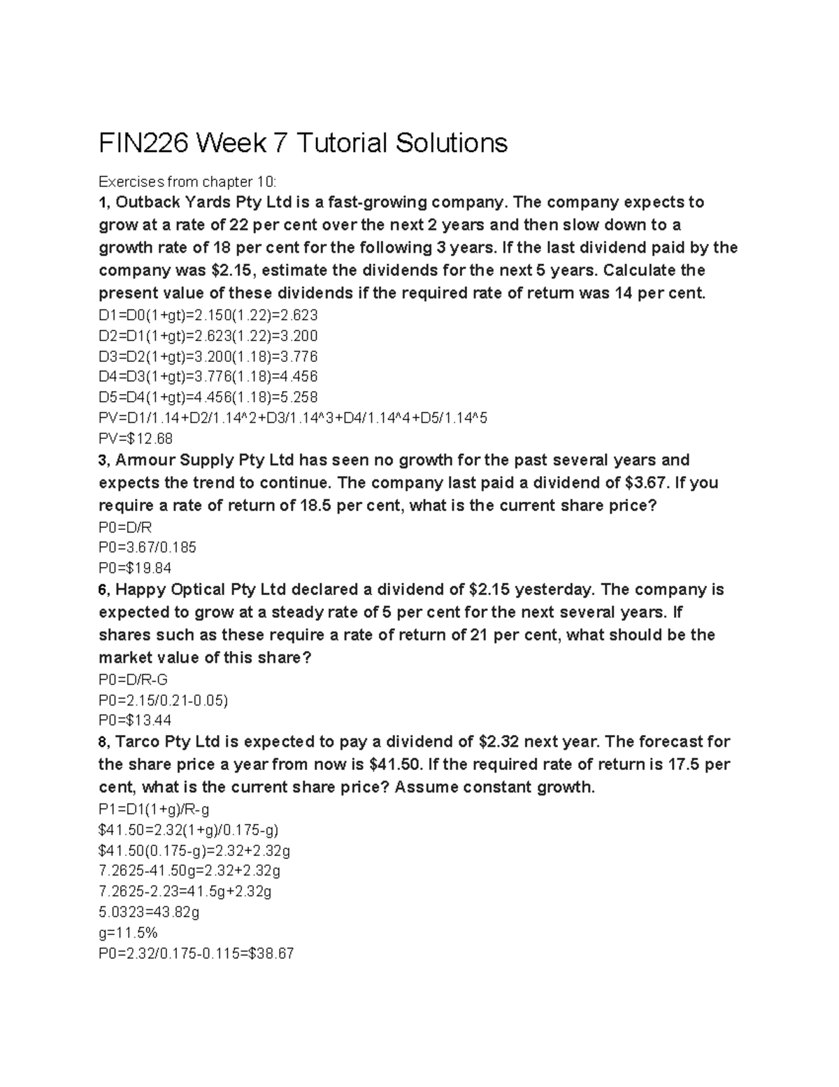 Lachlan Rolls#6134130 FIN226 Week 7 Tutorial Solutions - FIN226 Week 7 ...