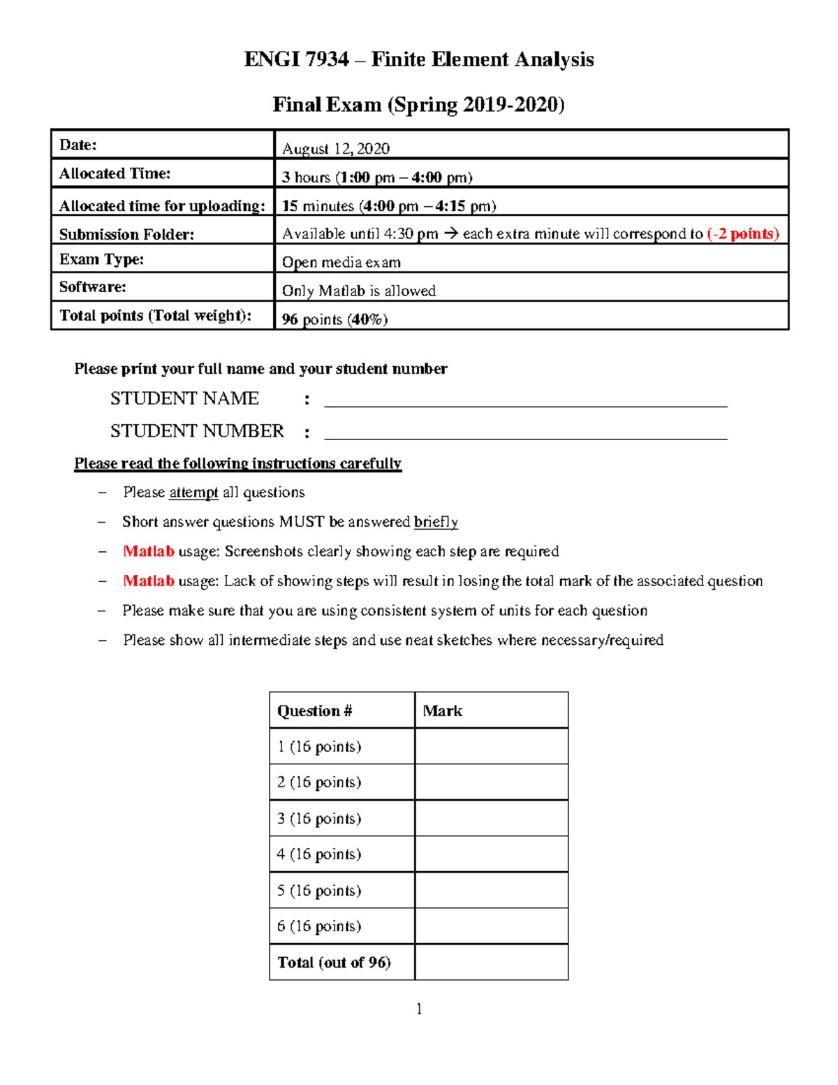 Final Exam 11 August 2020, questions - ENGI 7 934 – Finite Element ...