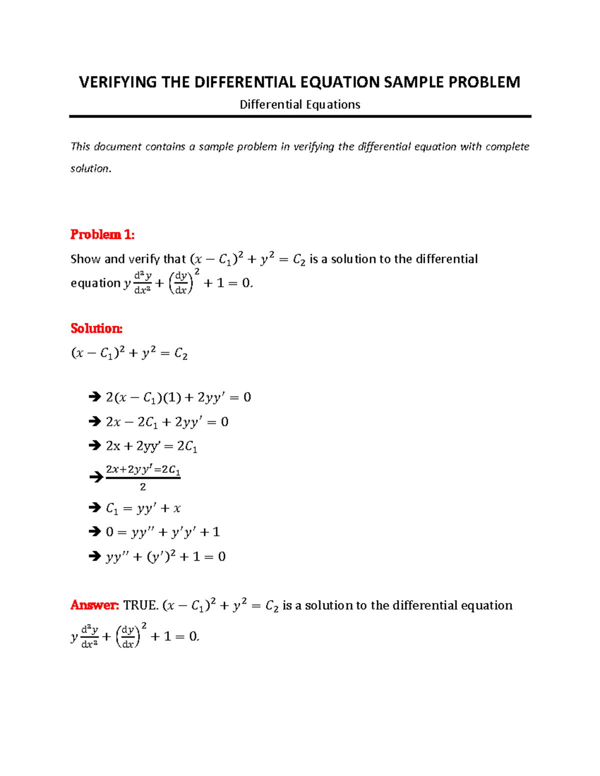 Verifying the Differential Equation Problem 1 - VERIFYING THE DIFFERENTIAL EQUATION SAMPLE ...