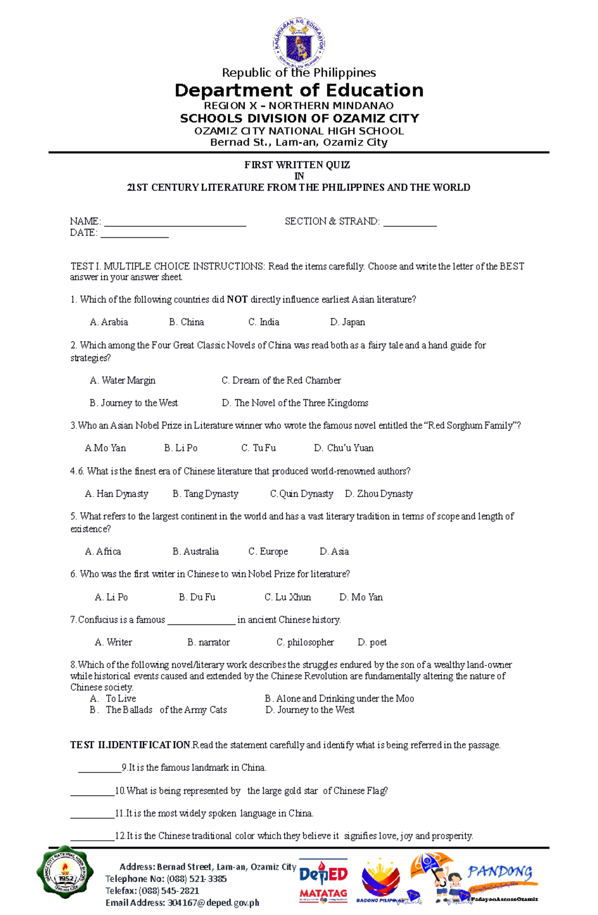21ST QUIZ - FOR PRACTICE - Republic of the Philippines Department of ...