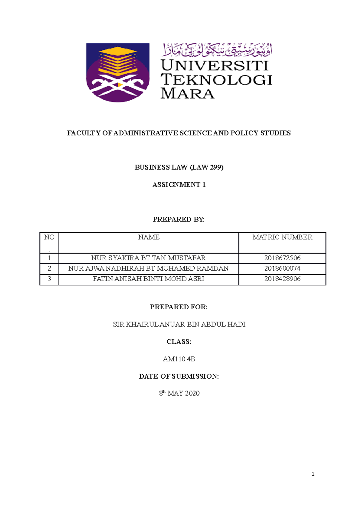 Assignment Law 299 business law - FACULTY OF ADMINISTRATIVE SCIENCE AND ...