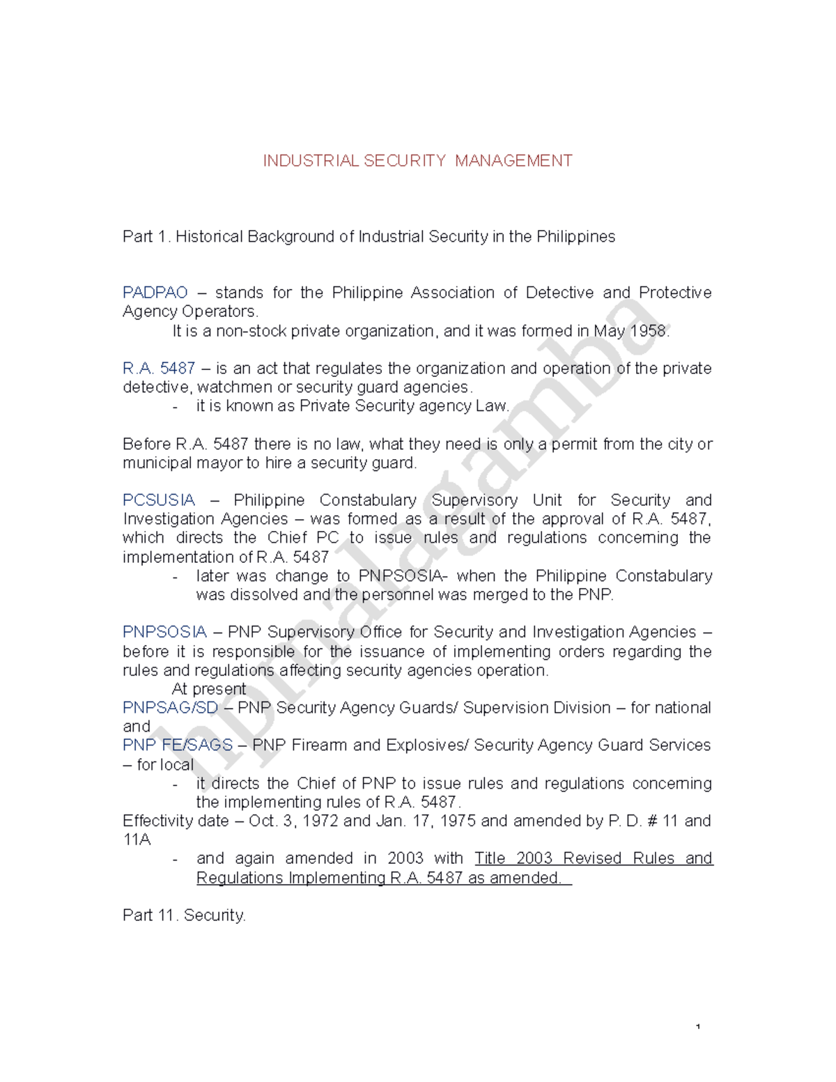 Industrial- Secty - INDUSTRIAL SECURITY MANAGEMENT Part 1. Historical ...