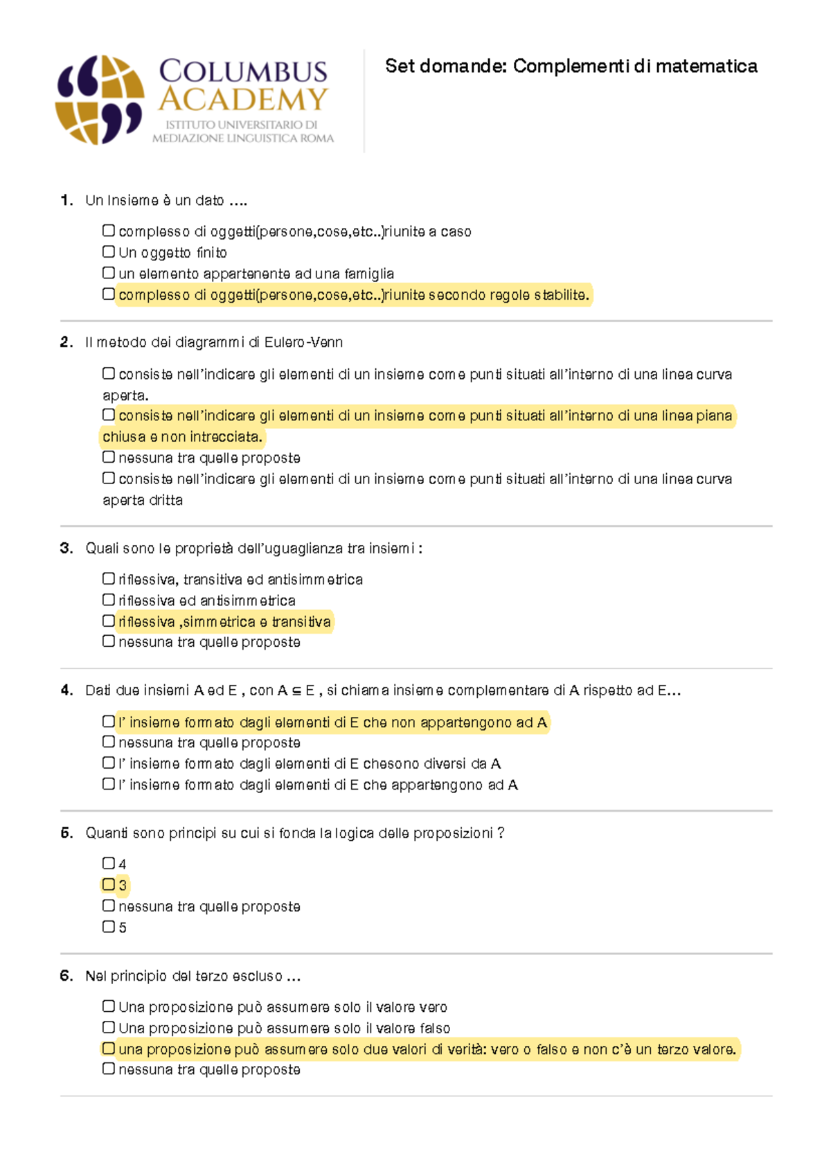 Domande complementi di matematica - Set domande: Complementi di ...