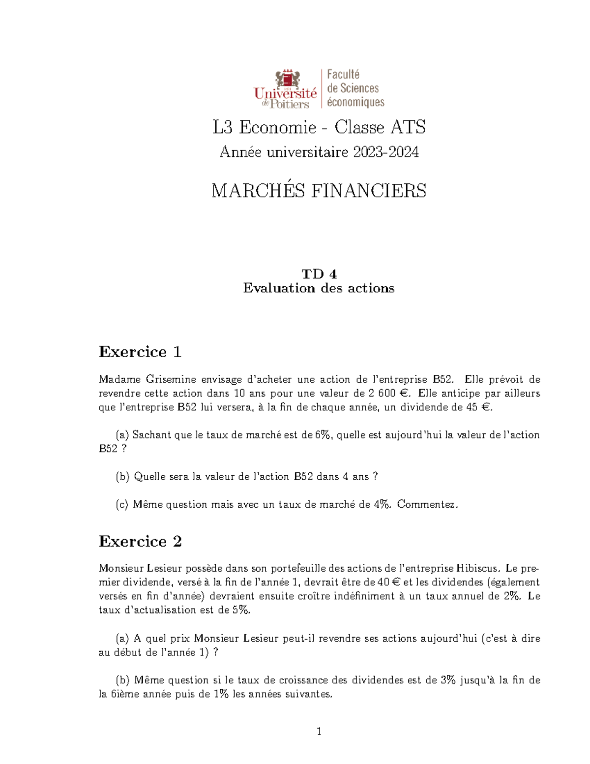 TD L3 Marchés Financiers (actions) - L3 Economie - Classe ATS Ann ́ee universitaire 2023- MARCH ...