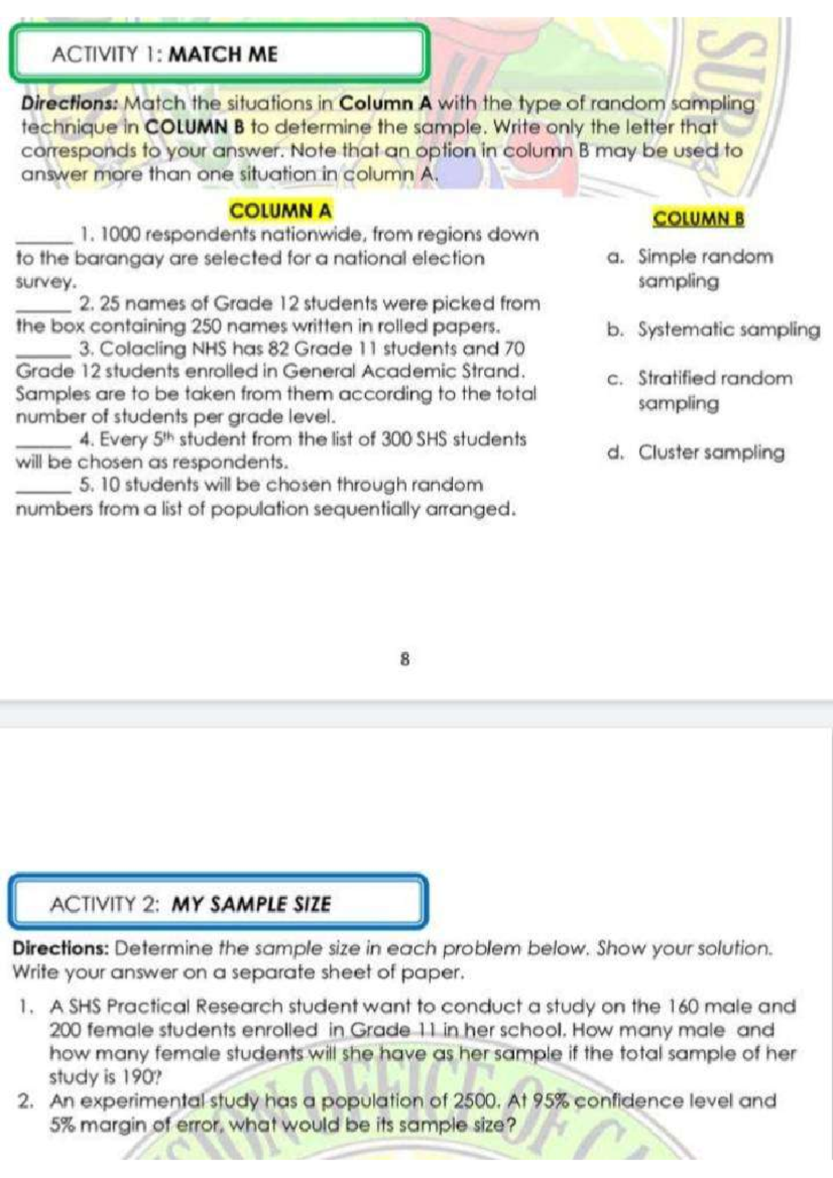 Random Sampling - Module Activities with Answers - ACTIVITY 1: MATCH ME Directions: Match the ...