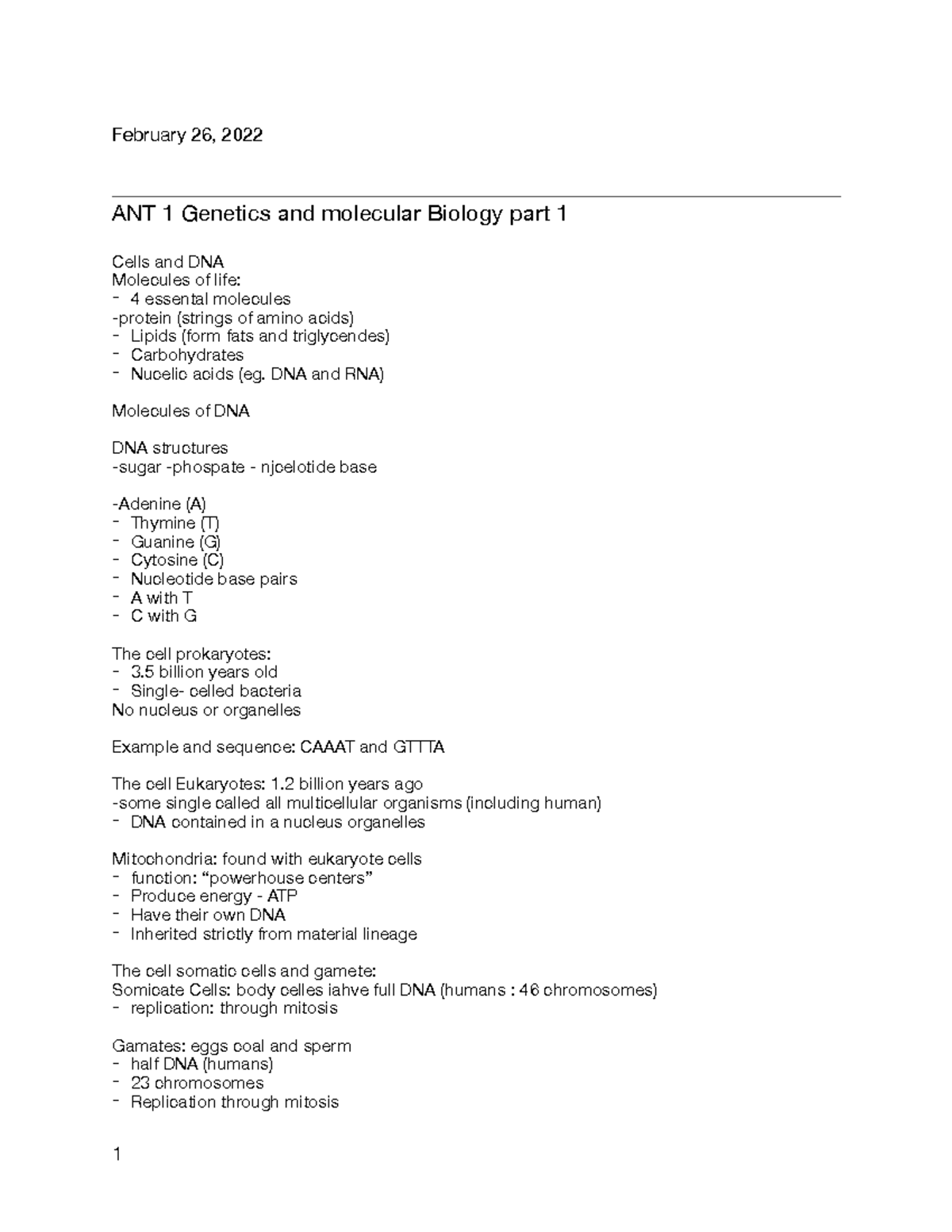 ANT 1 Notes 3 - February 26, 2022 ANT 1 Genetics and molecular Biology ...