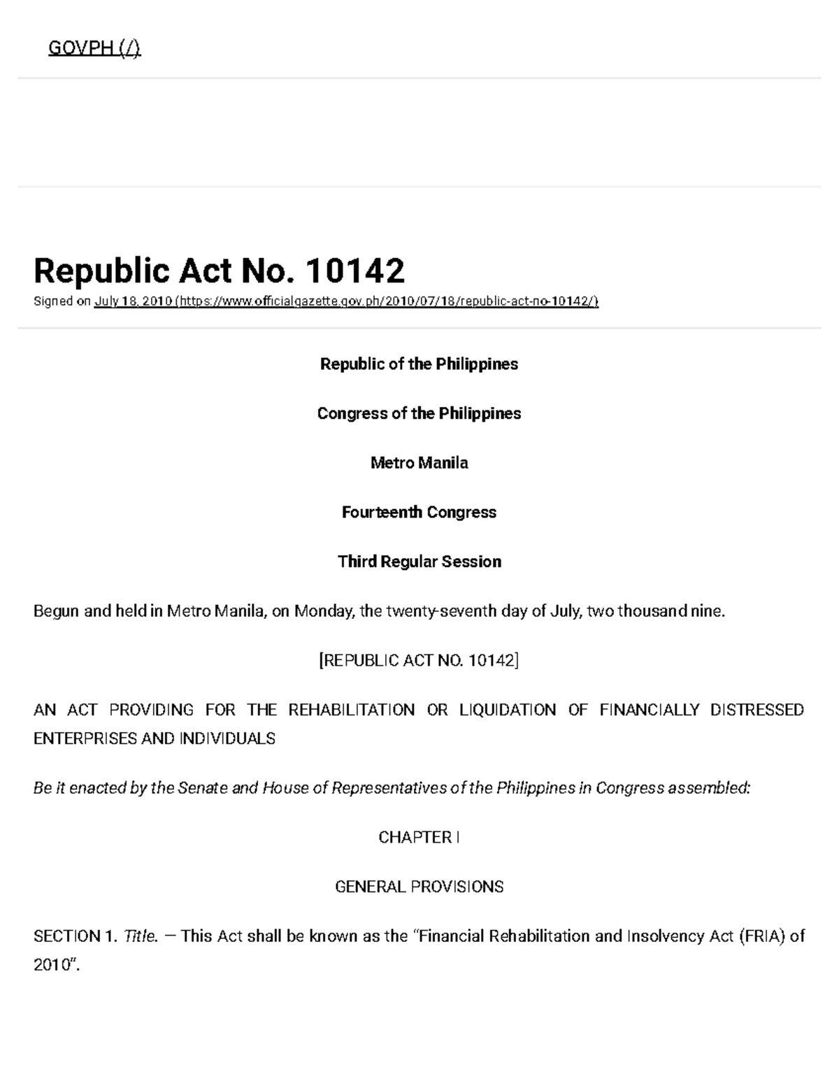 RA10142 FRIA - Material for reviewing - Republic Act No. 10142 Signed ...