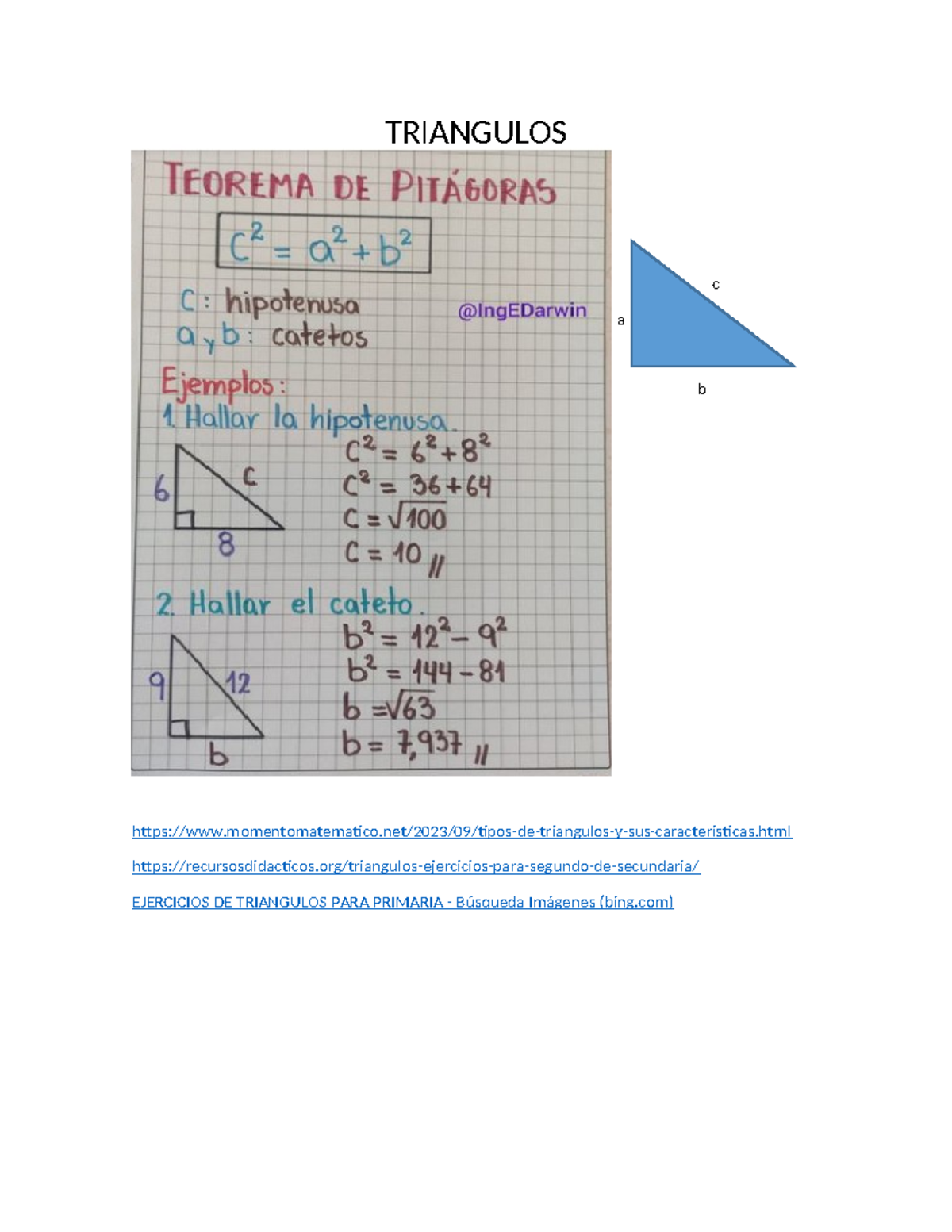 Triangulos - Matematicas - TRIANGULOS c c a a b b - Studocu