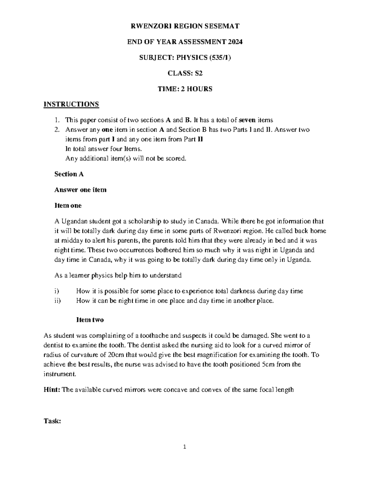 S2 Physics Rwenzori Sesemat 2024 - 1 RWENZORI REGION SESEMAT END OF ...