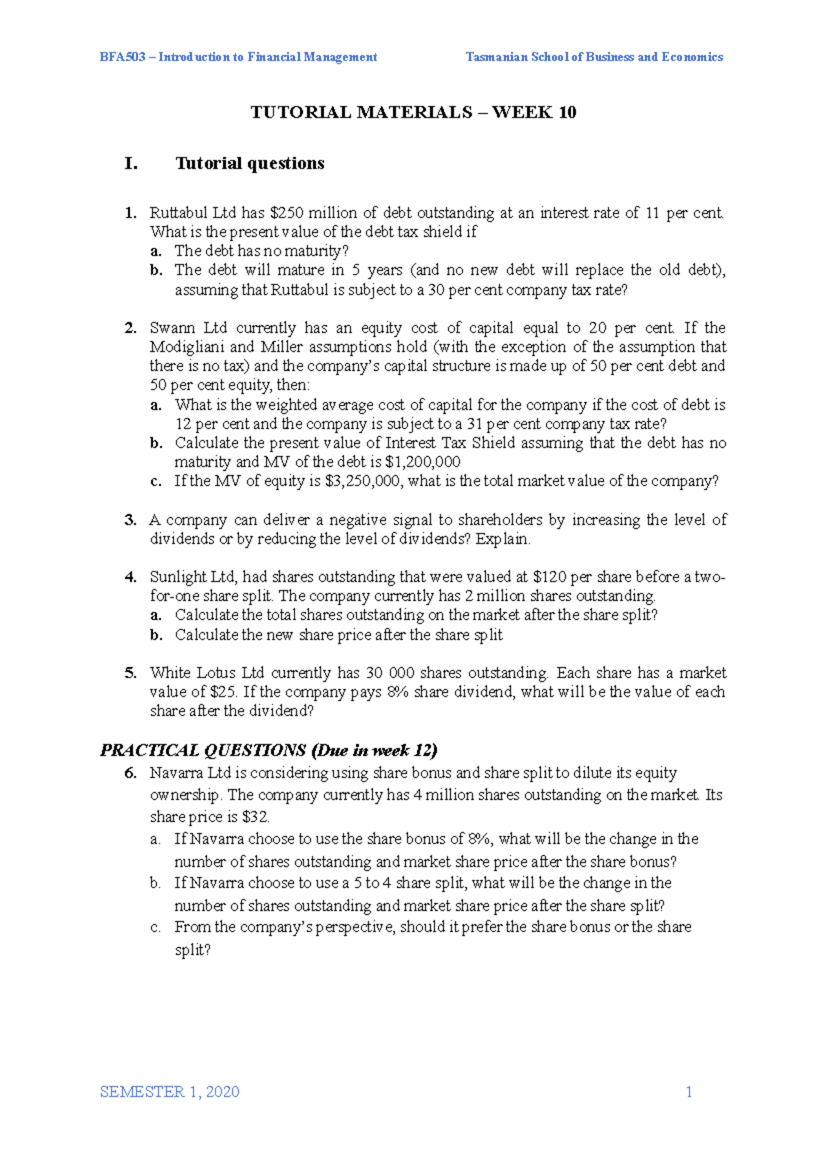 Tutorial questions Week 10 - BFA503 – Introduction to Financial ...