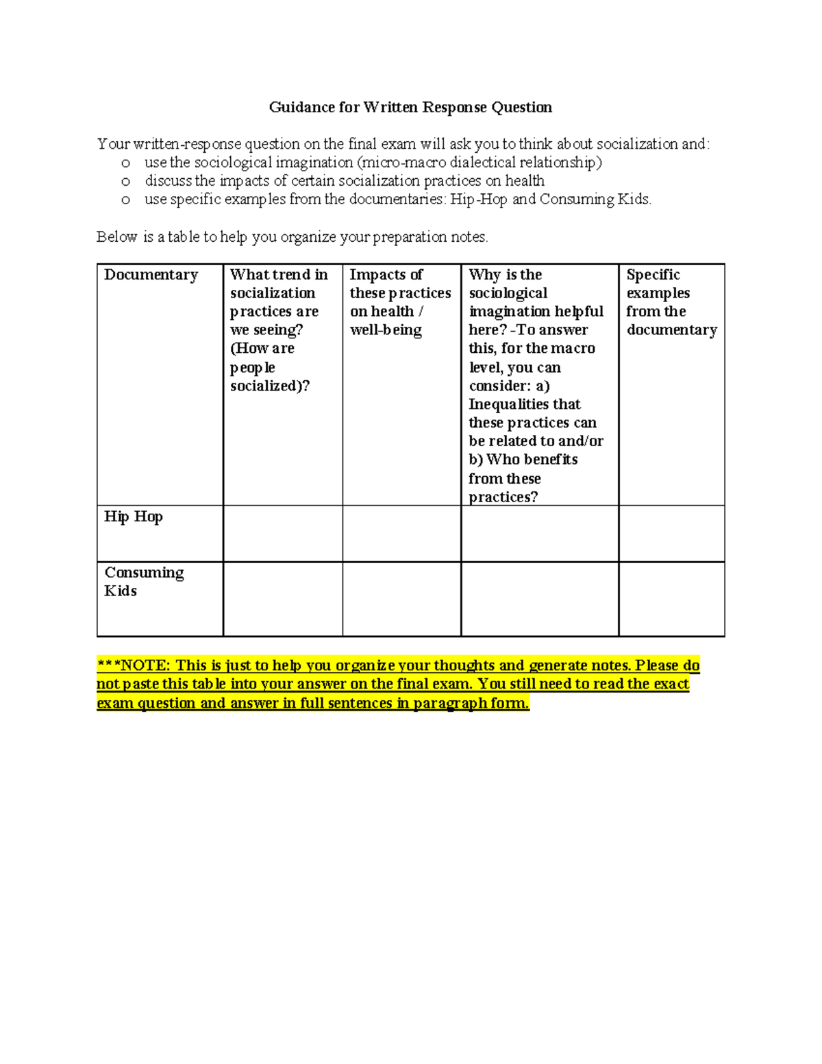 Guidance for Written Response Question - Below is a table to help you ...