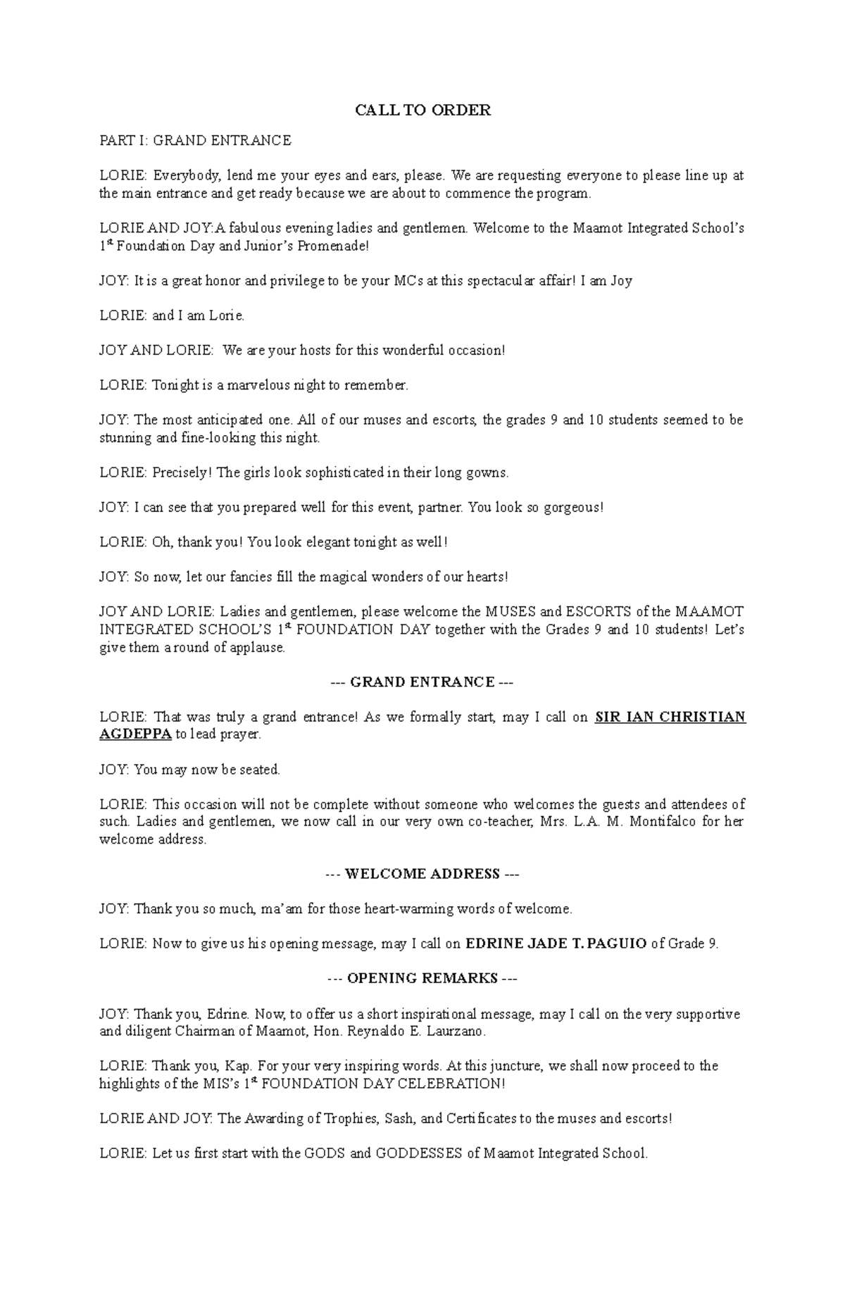 CALL TO Order JS - NOTES - CALL TO ORDER PART I: GRAND ENTRANCE LORIE ...