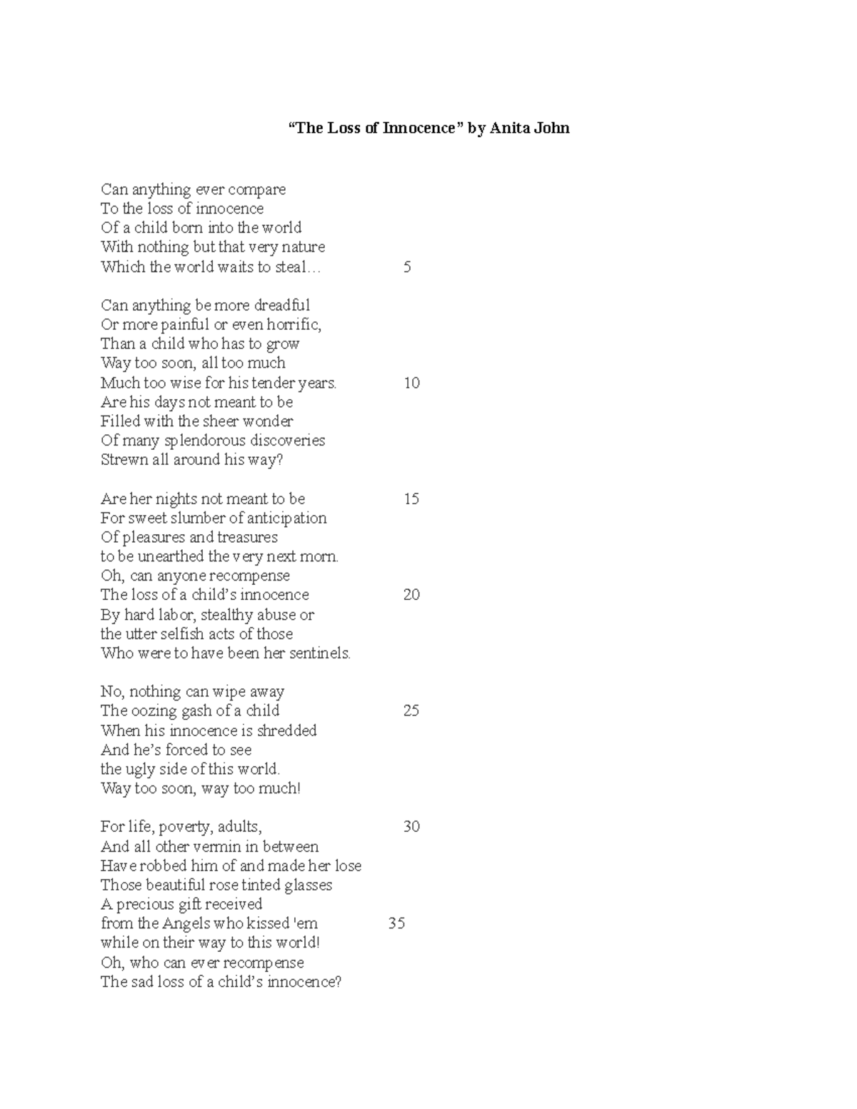 “The Loss of Innocence” by Anita John - .. 5 Can anything be more ...