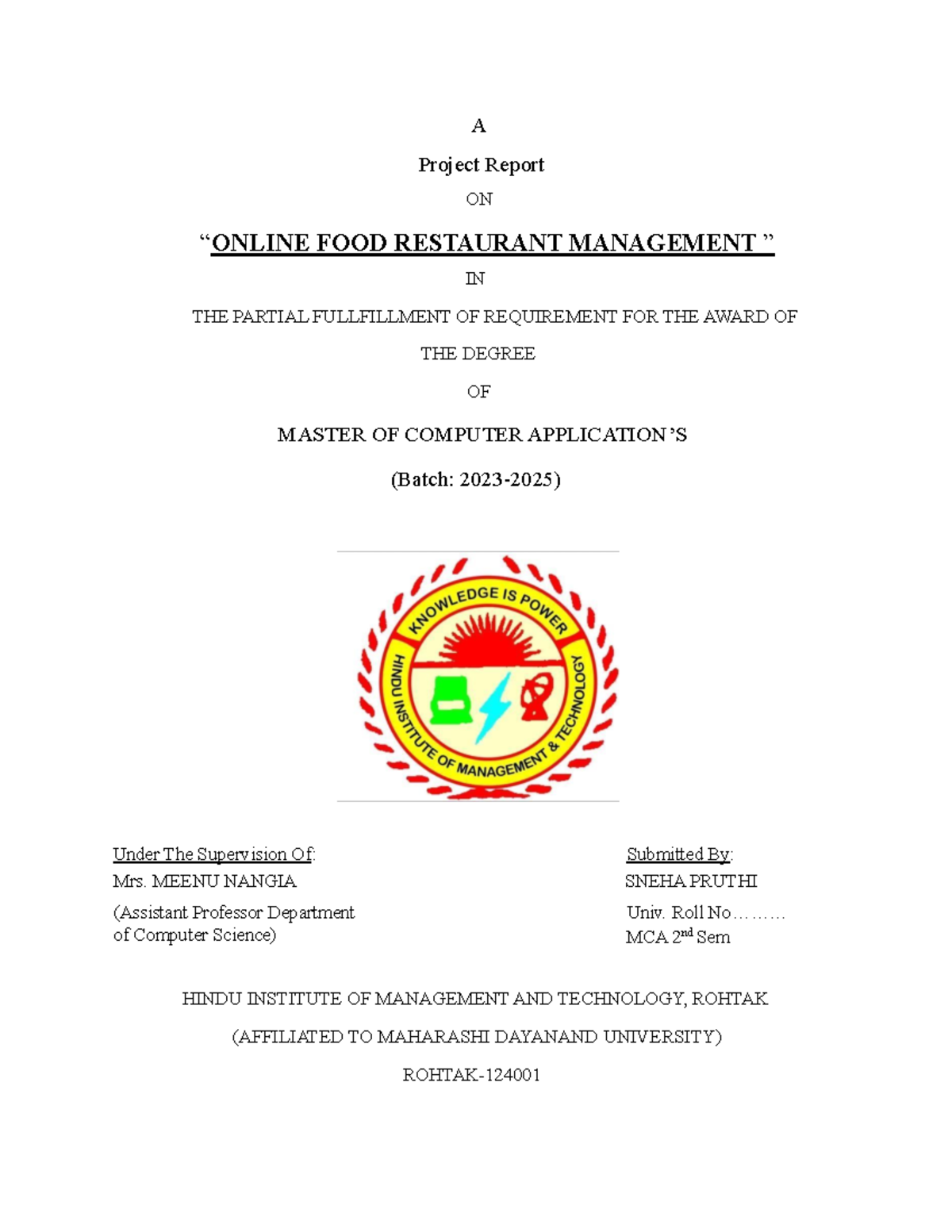 proect file sample - A Project Report ON “ONLINE FOOD RESTAURANT ...