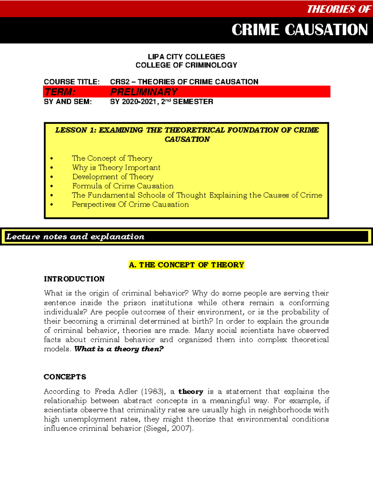 CRS2Prelim Lesson 1 - Examining THE Theoretrical Foundation OF Crime ...