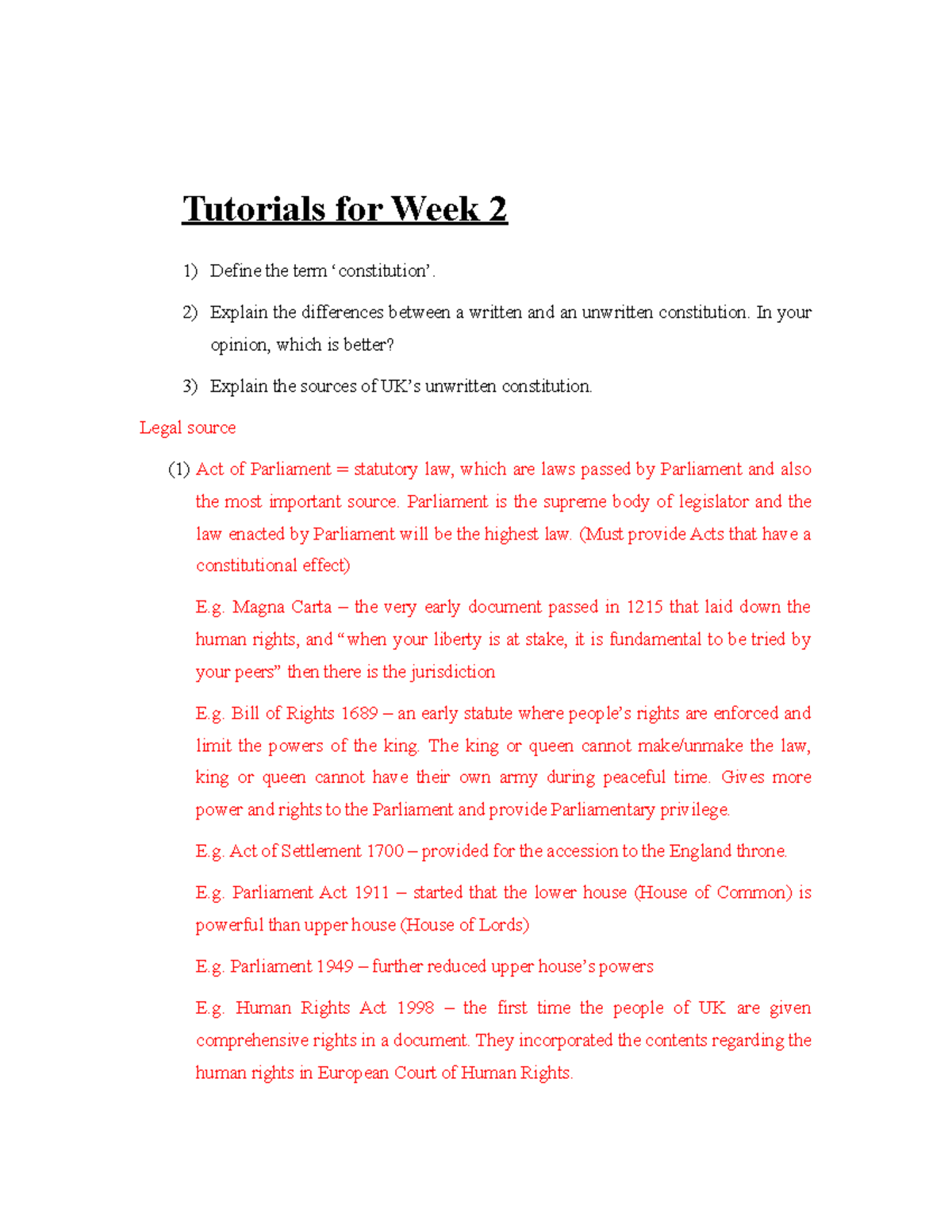 Constitutional Law I Tutorial Week 2 with comments - Tutorials for Week ...