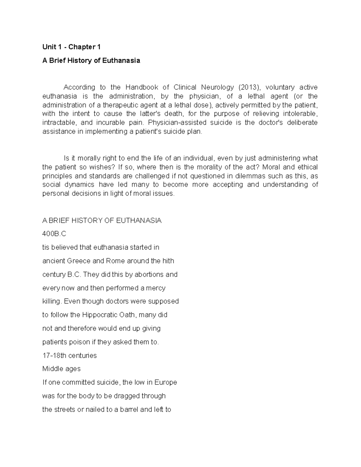 A Brief History of Euthanasia - Unit 1 - Chapter 1 A Brief History of ...
