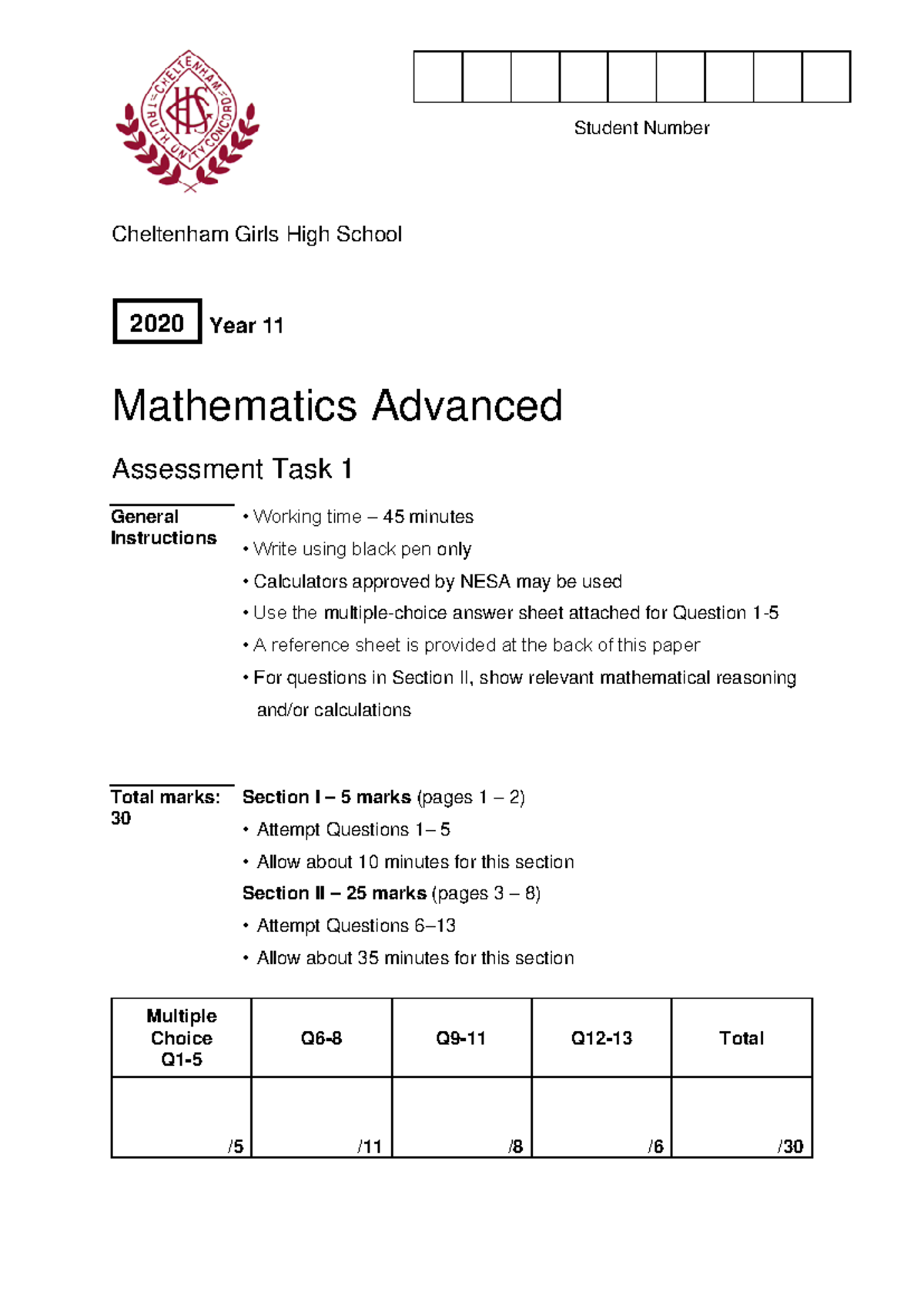Year 11 ADV Task 1 2020 with Solutions - Student Number Cheltenham ...