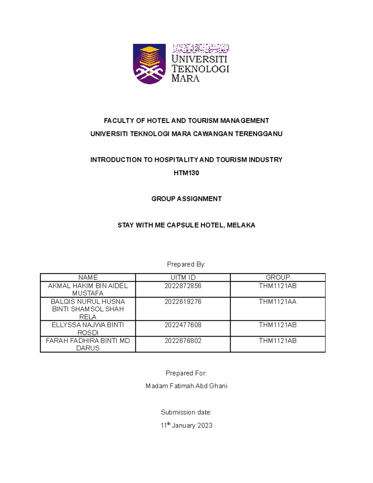 Assignment HTM130 - Hotel - Stay With Me Capsule Hotel - FACULTY OF ...