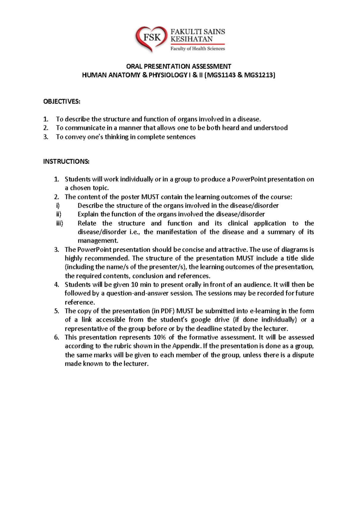 Oral Presentation assessment - ORAL PRESENTATION ASSESSMENT HUMAN ...