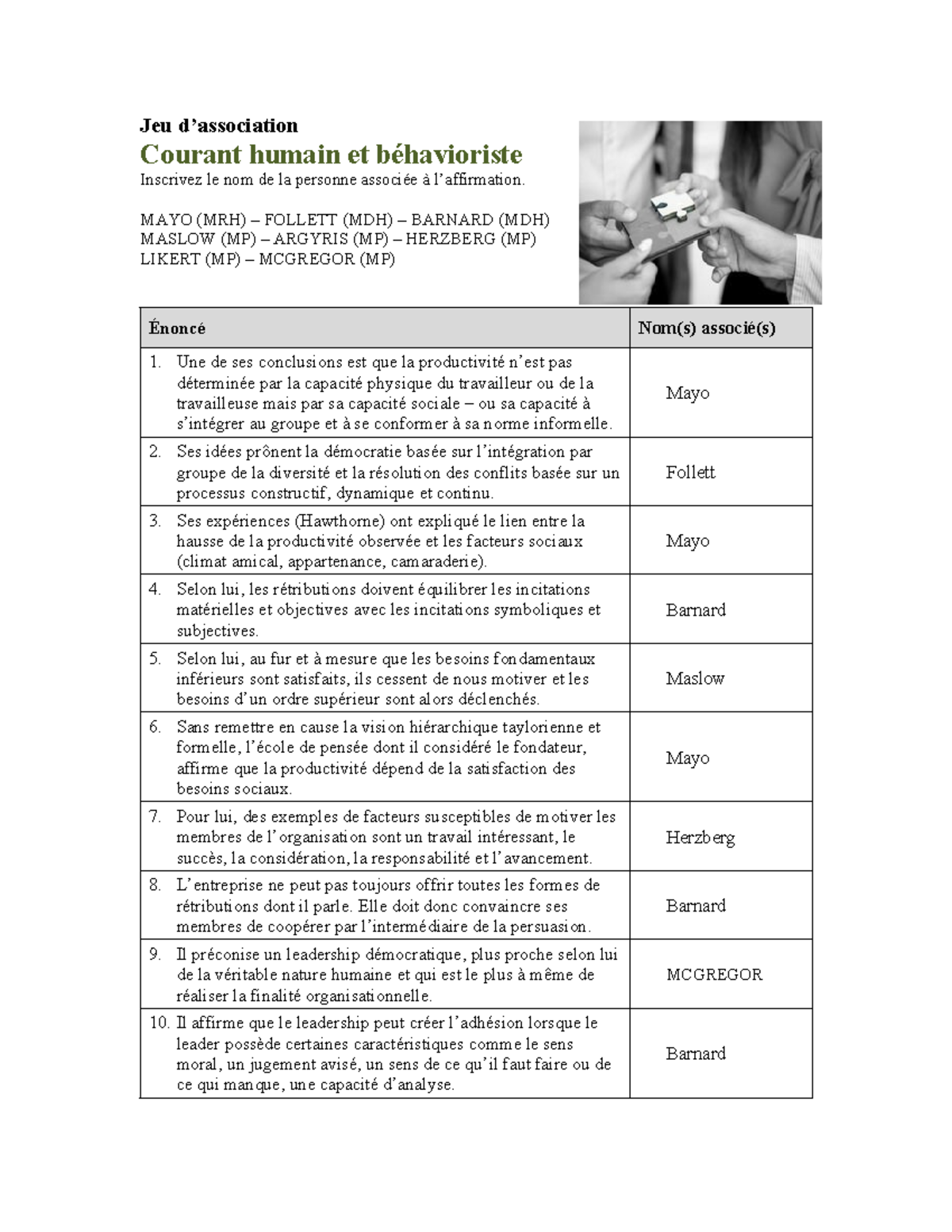 Jeu dassociation - exemple - Jeu d’association Courant humain et ...