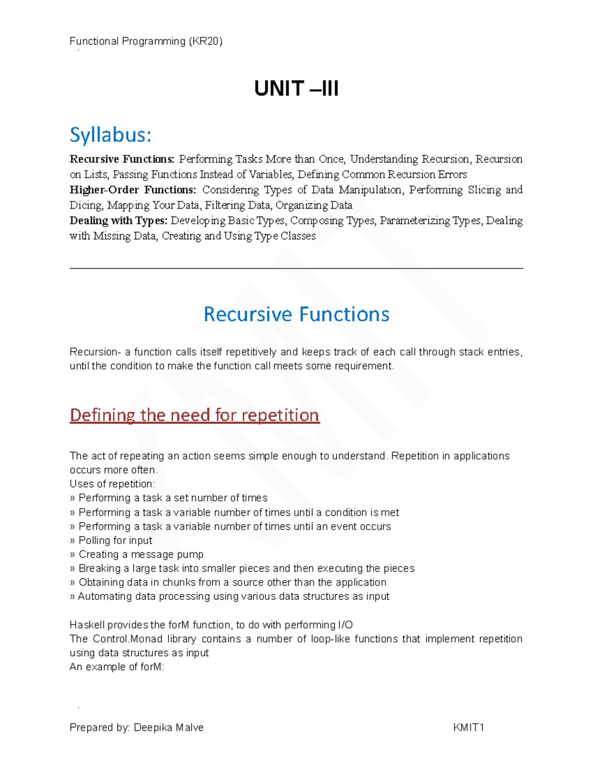 FP UNIT 3 - UNIT –III Syllabus: Recursive Functions: Performing Tasks More than Once ...