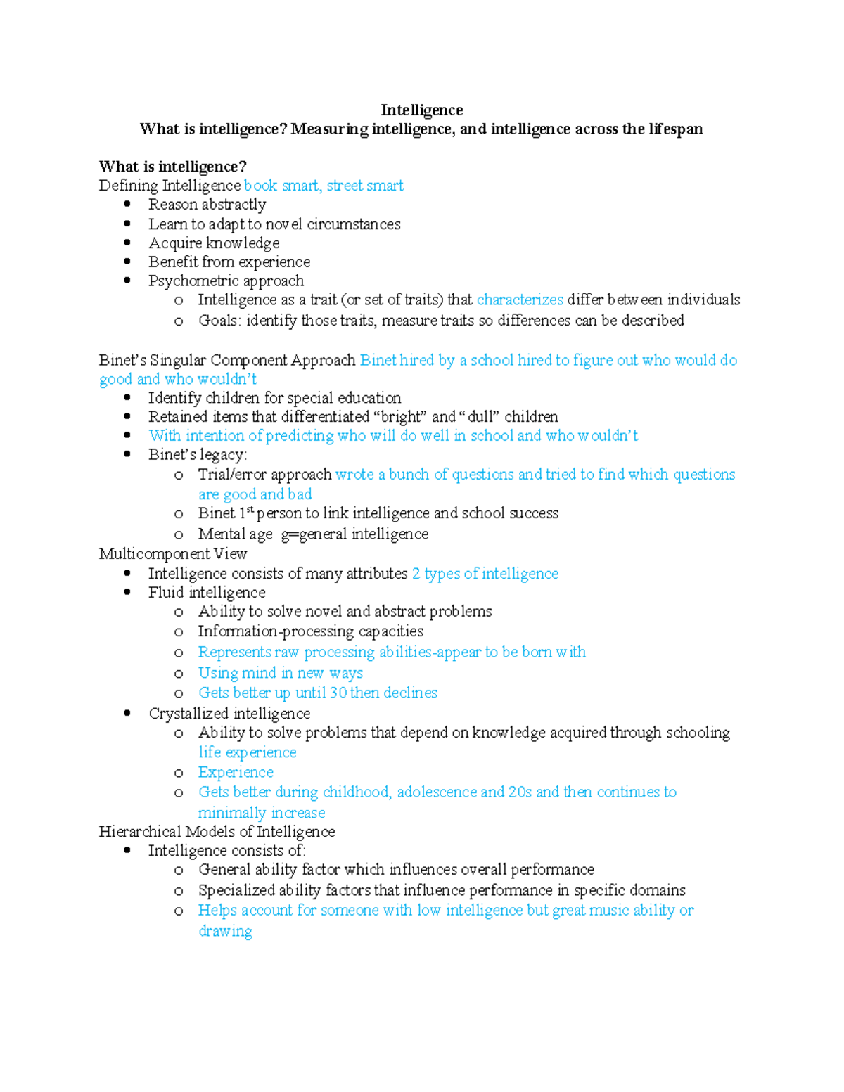Intelligence Notes - Intelligence What is intelligence? Measuring ...