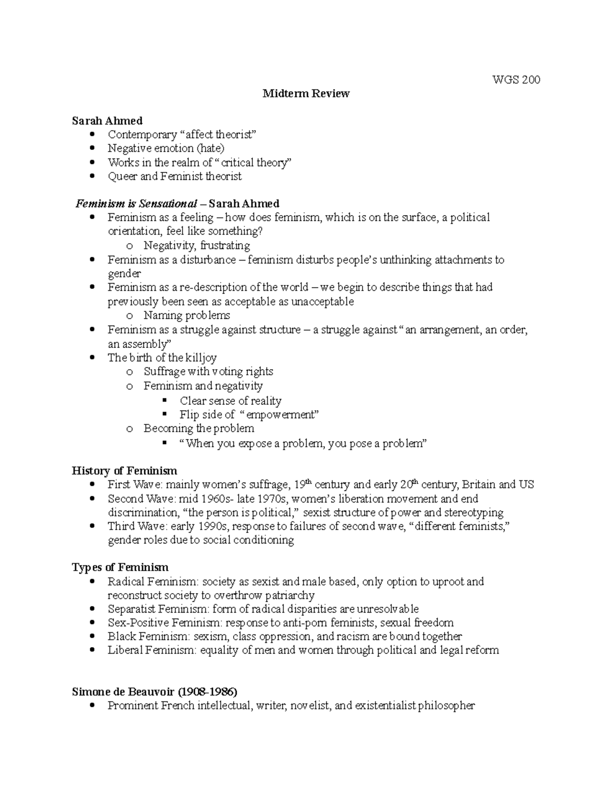 WGS Midterm Review - WGS 200 Midterm Review Sarah Ahmed Contemporary ...