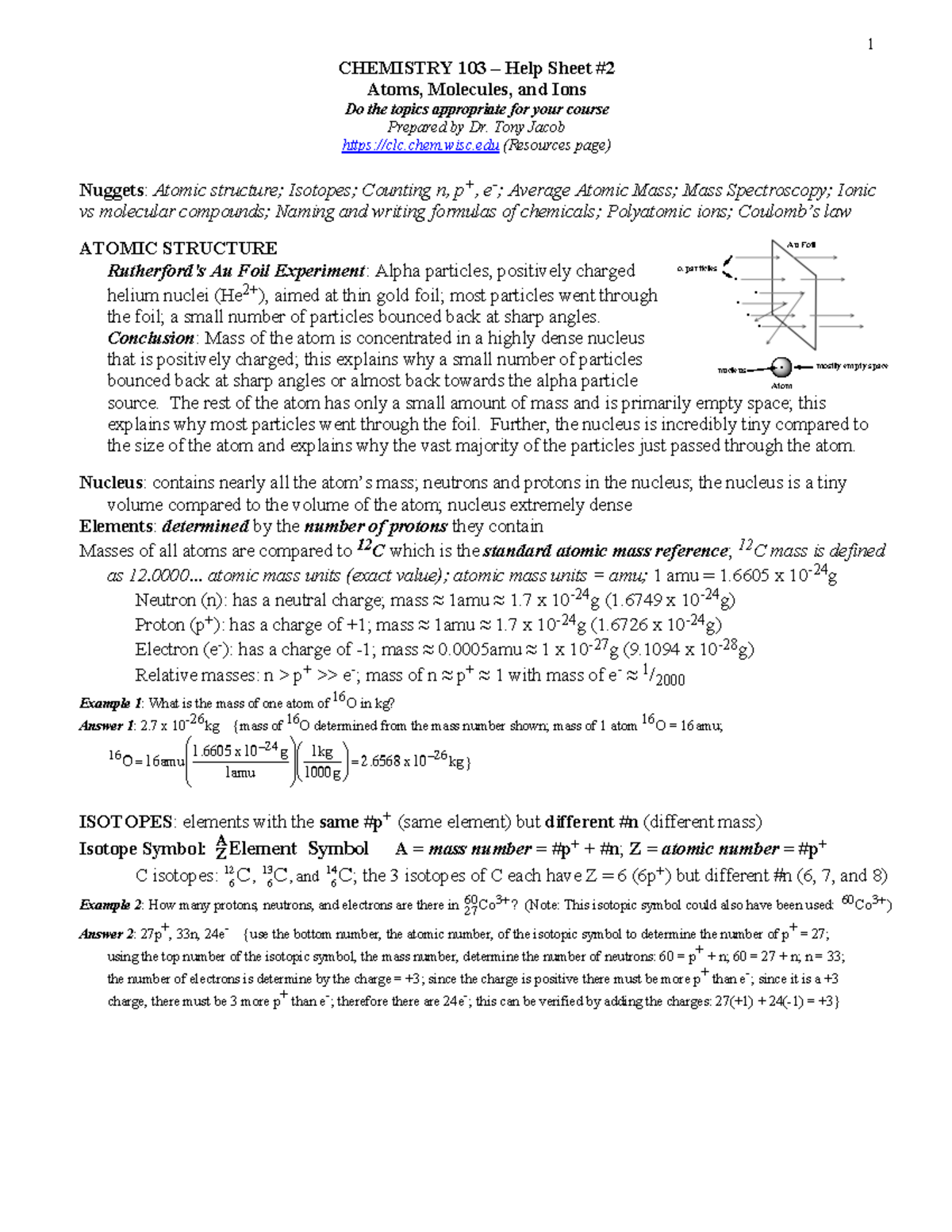 Helpsheet 02 103 - CHEMISTRY 103 – Help Sheet Atoms, Molecules, and ...
