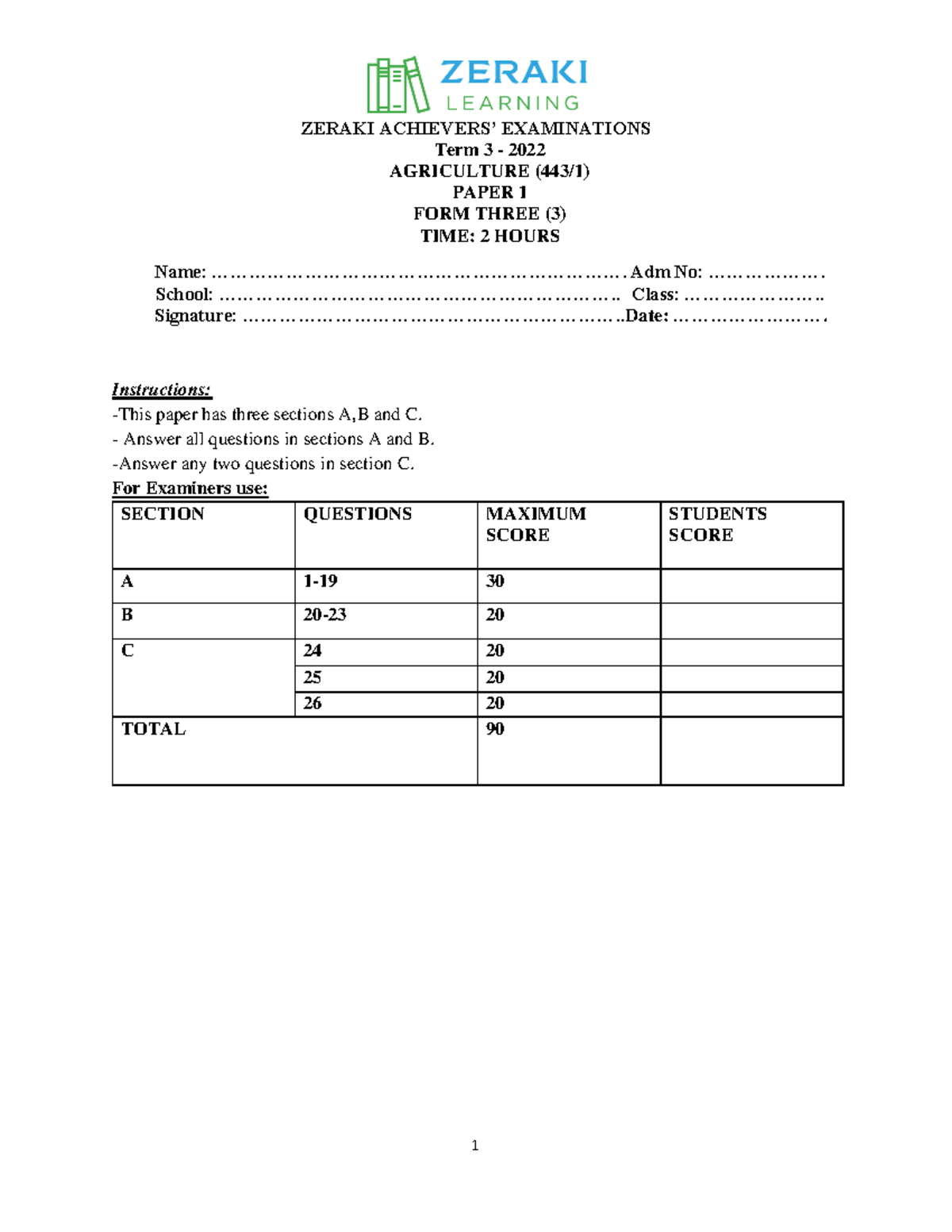 Agriculture Form 3 Paper 1 Question Paper Zeraki Achievers 8.0 ...