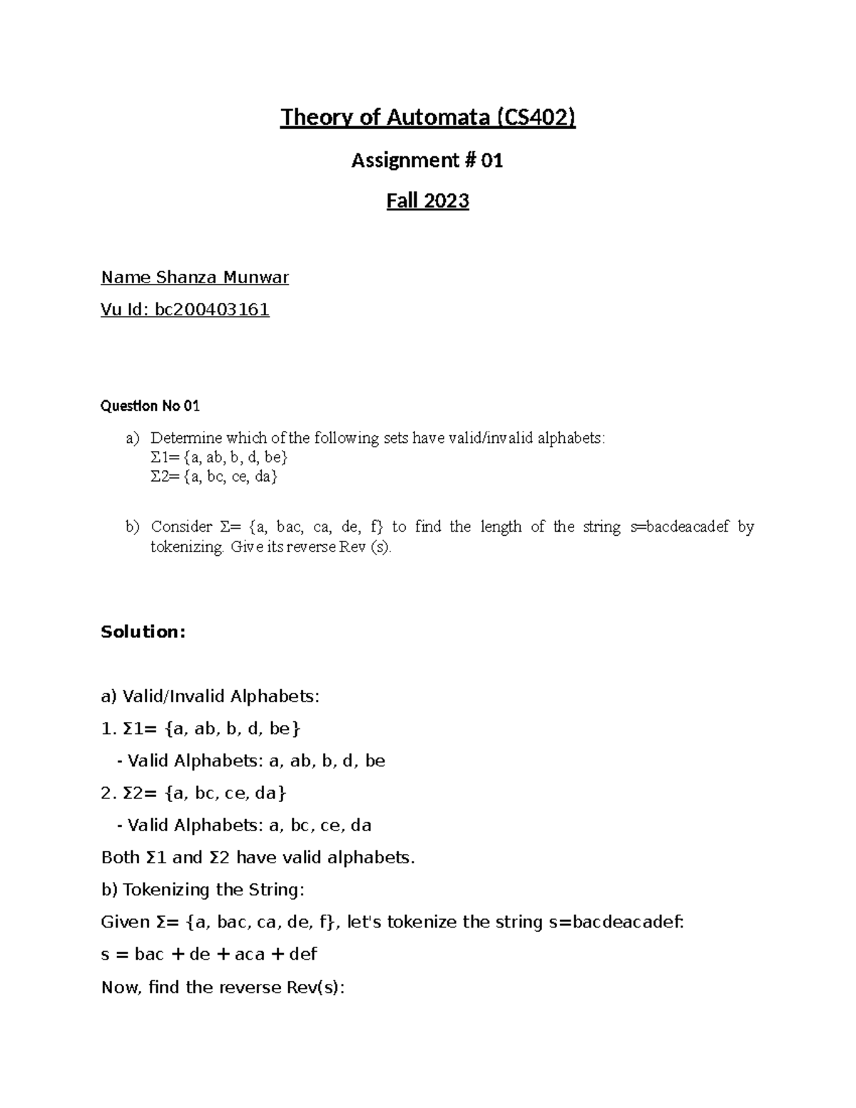 Cs402 Solution Shanza Theory Of Automata Cs402 Assignment 01 Fall 2023 Name Shanza