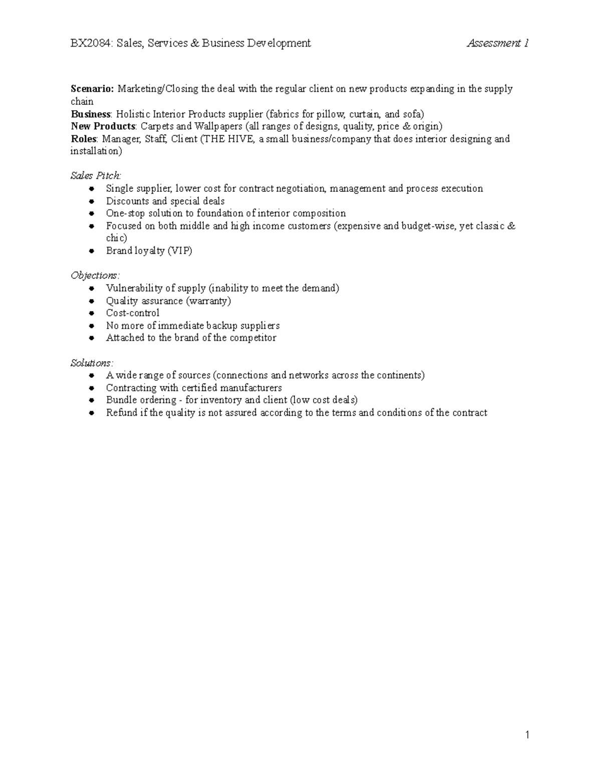 BX2084 Assessment 1 Role Play Script - Scenario: Marketing/Closing the ...