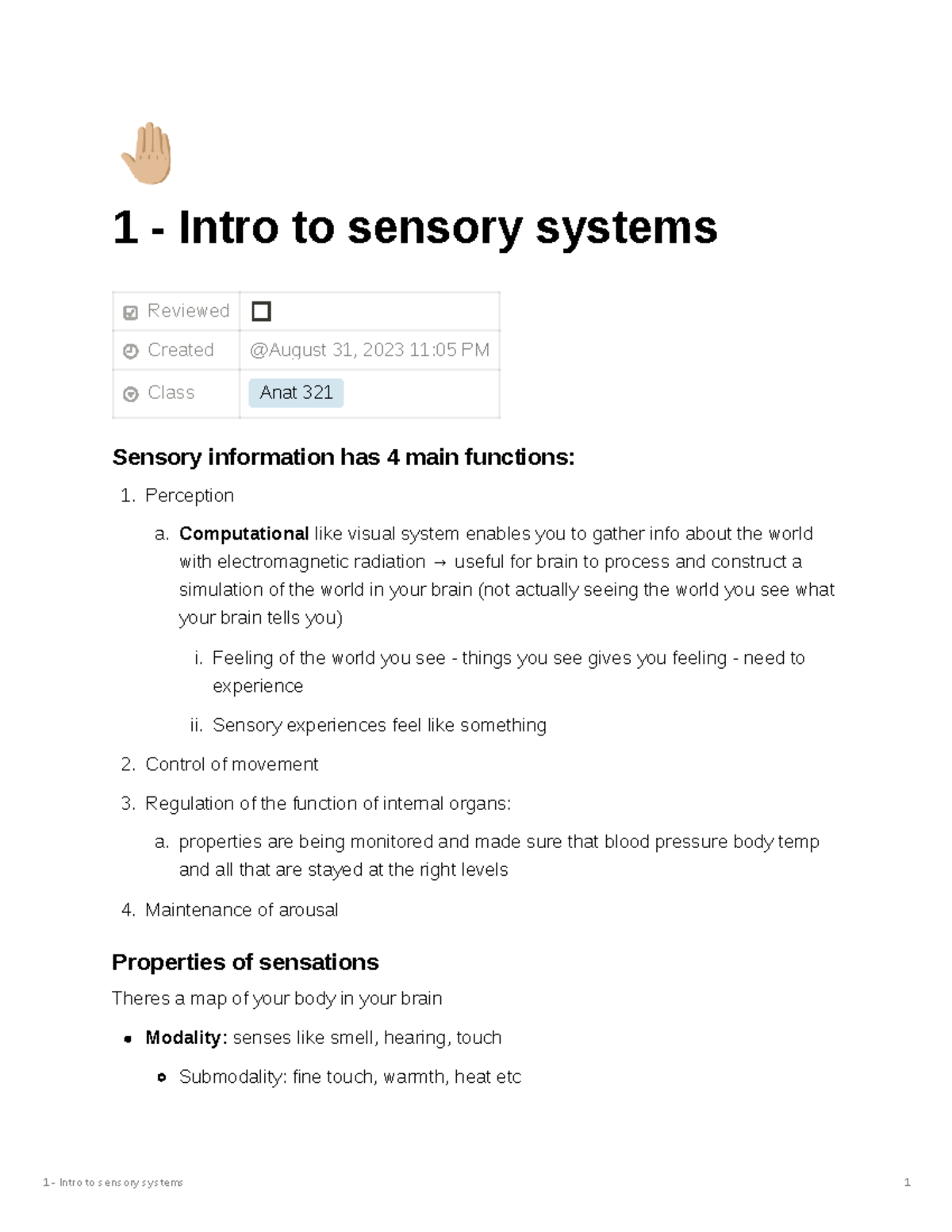 1 - Intro to sensory systems - 1 - Intro to sensory systems Reviewed Created Class Anat 321 ...