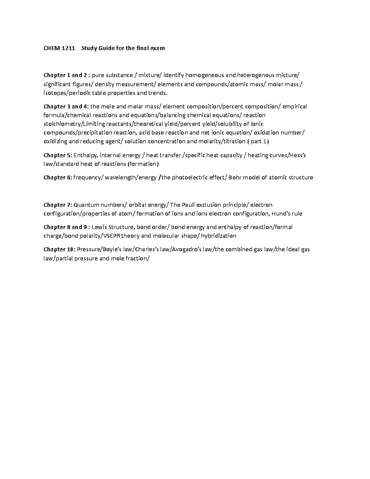 CHEM 1211 Study Guide for the final exam - Chapter 3 and 4: the mole ...