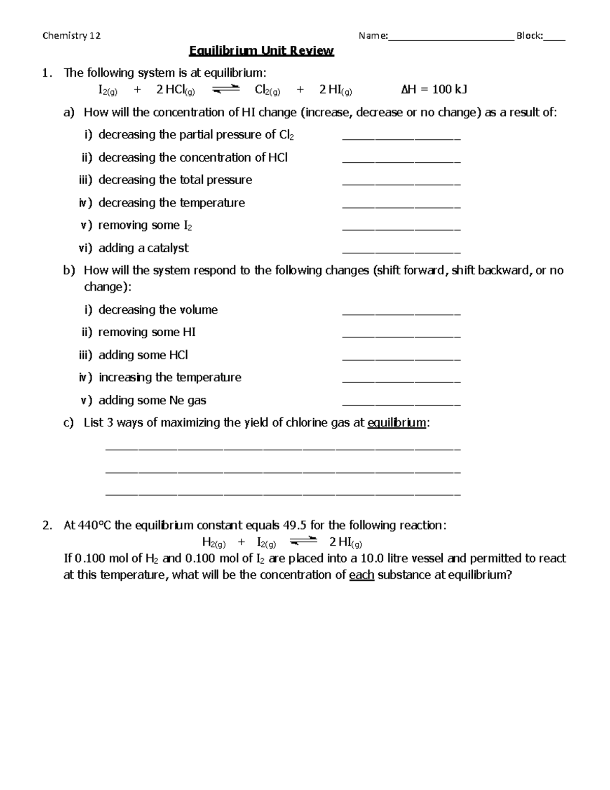 2 Equilibrium WS - Chem worksheet - Chemistry 12 Name ...