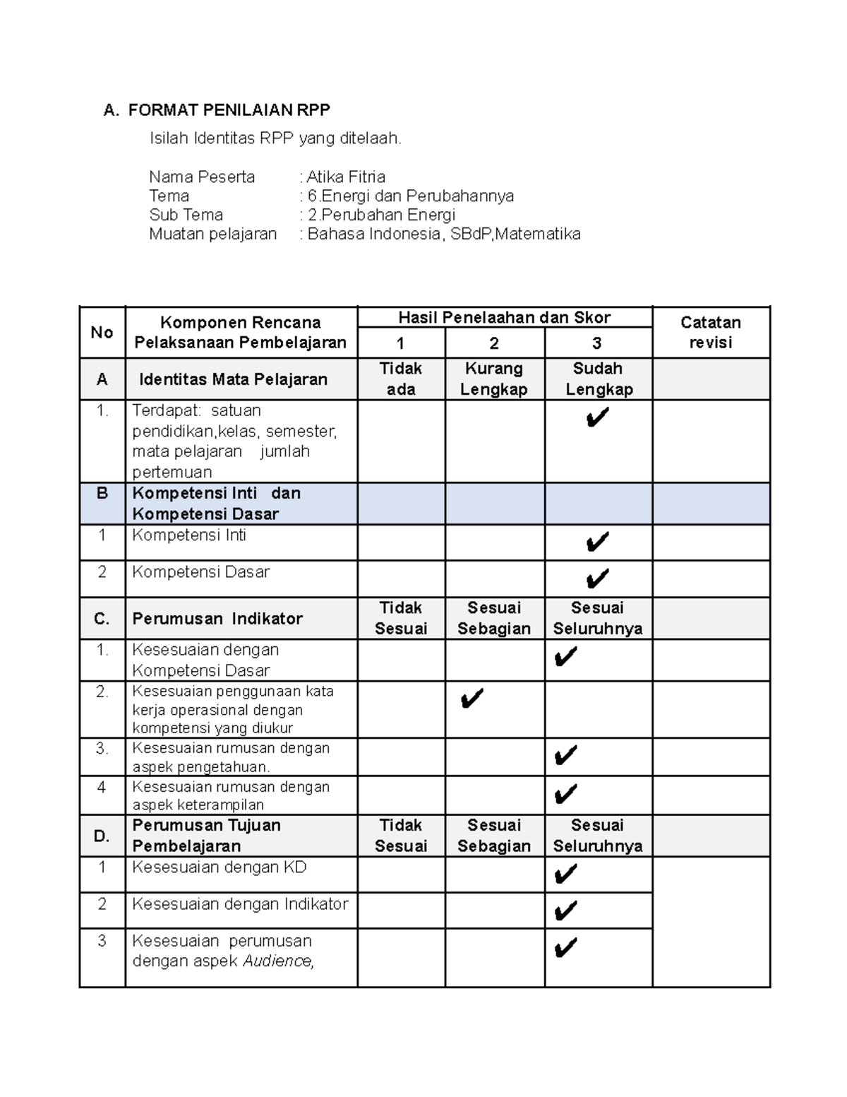 Format penilaian - bahasa - A. FORMAT PENILAIAN RPP Isilah Identitas ...