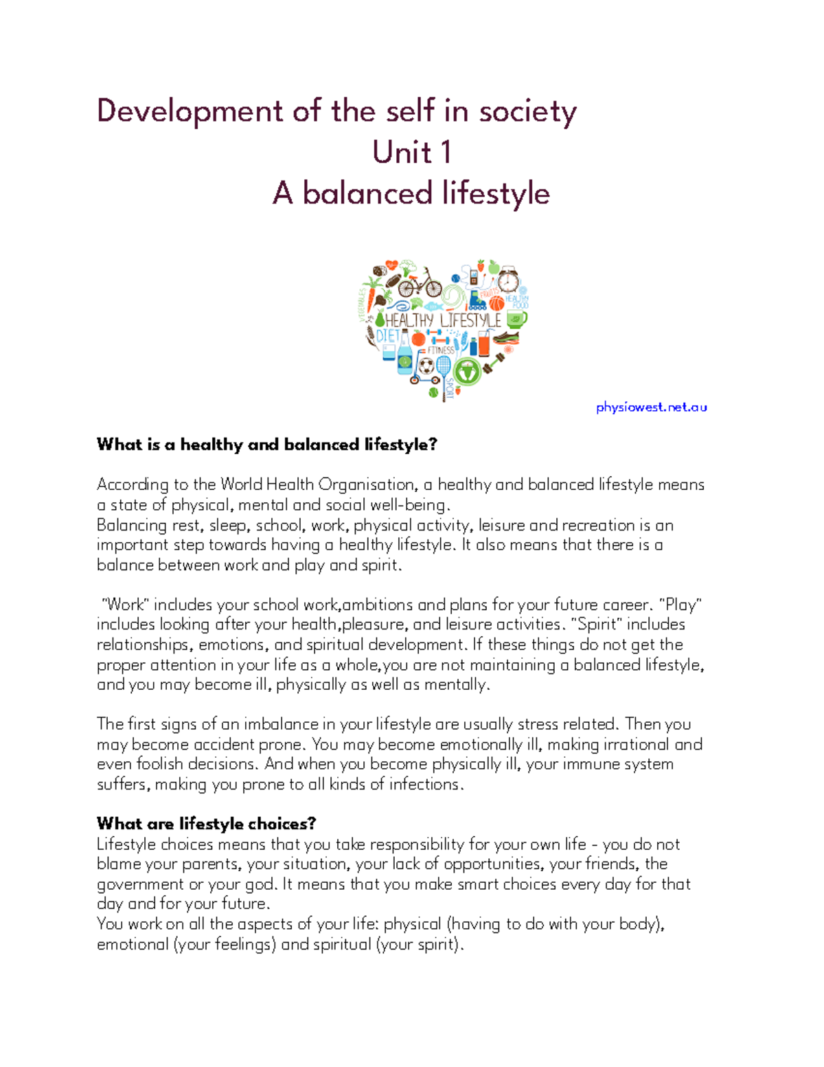 Unit 1 - A Balanced Lifestyle - Development of the self in society Unit ...