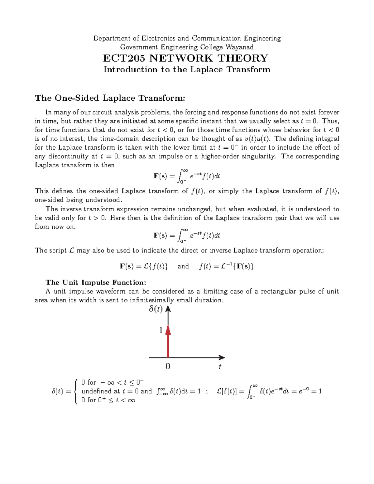 ECT205 Network Theory - Laplace Transforms - Department of Electronics ...